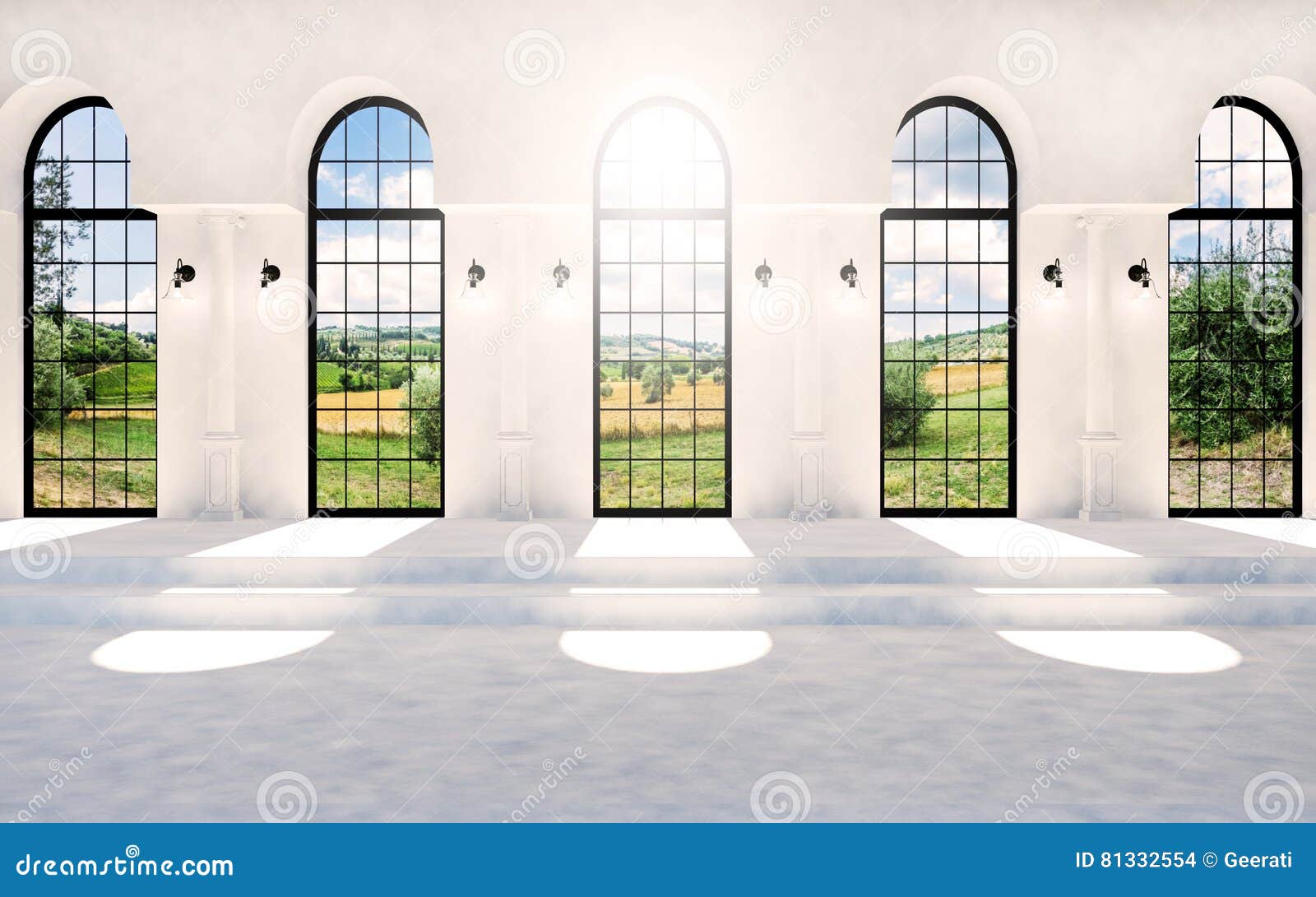 Empty White Classic Hall with Arch Windows and Sun Ray Stock Photo ...