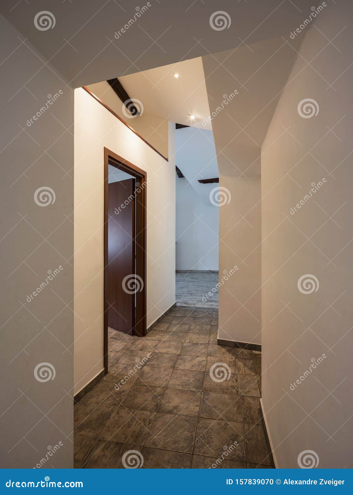 Empty White Corridor with Spotlight and Tile Stock Photo - Image of ...