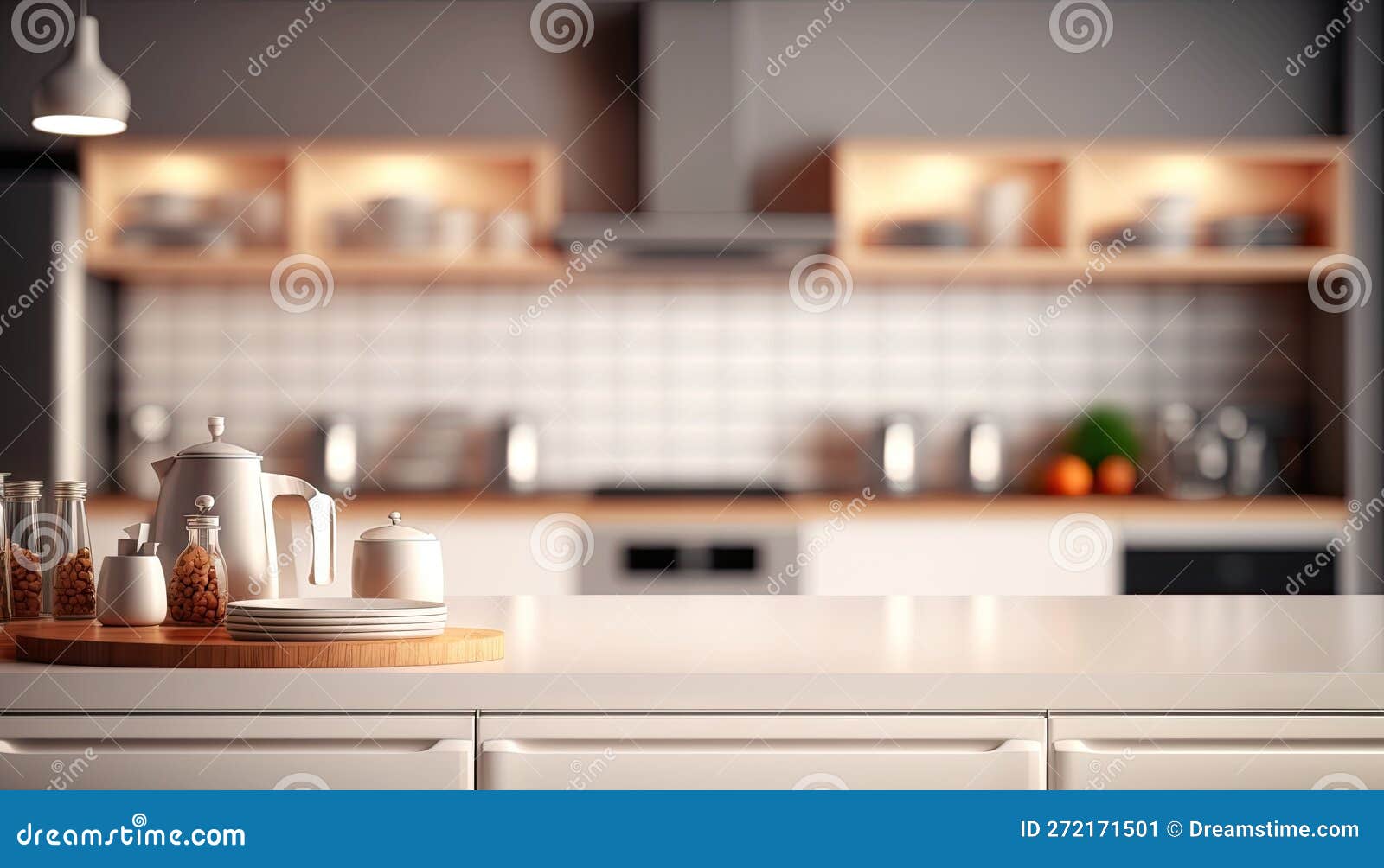 Empty White Counter in the Kitchen with Blurred Background. Generative ...