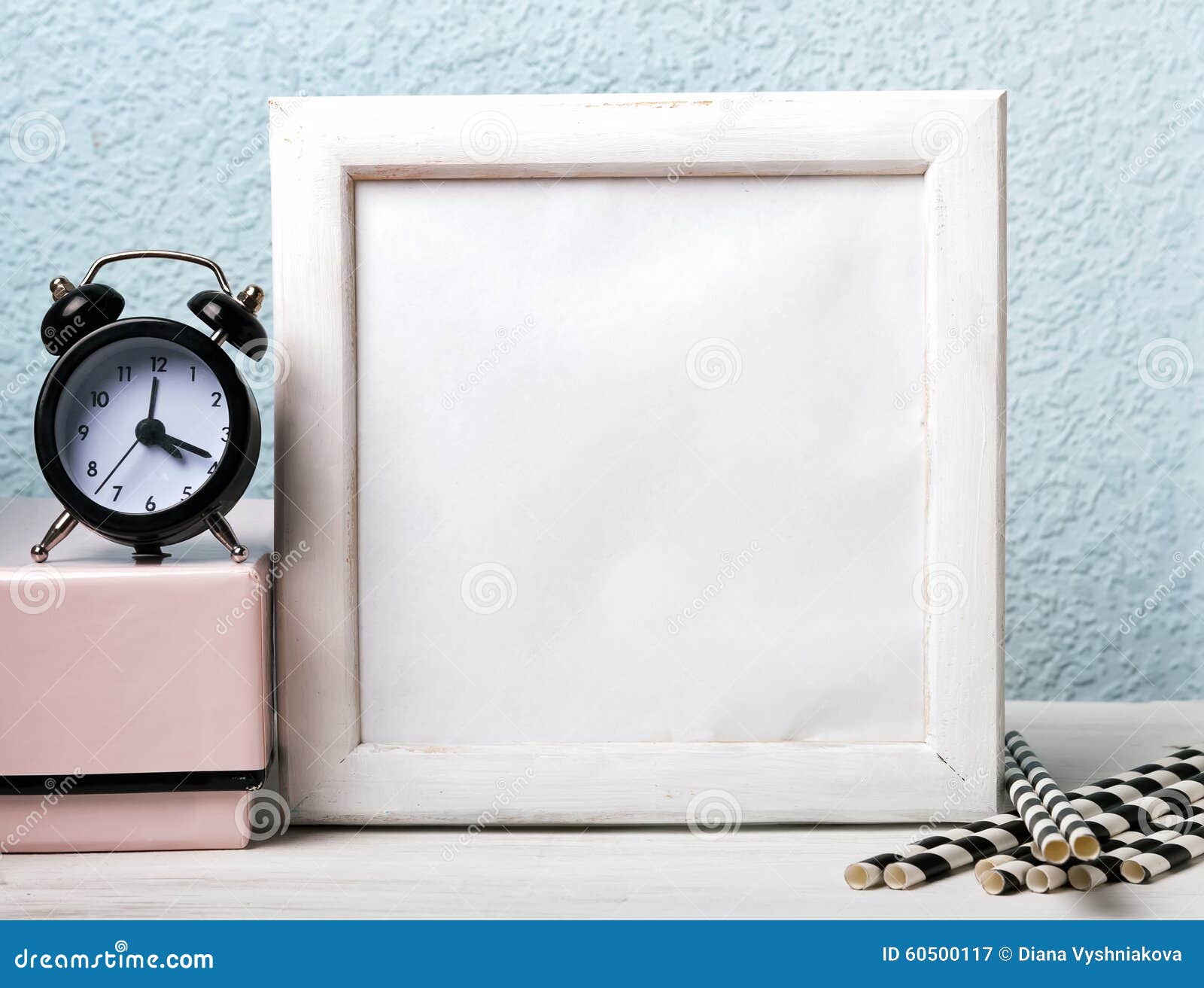 Empty White Frame, Black Clock and Paper Straws Stock Image - Image of ...