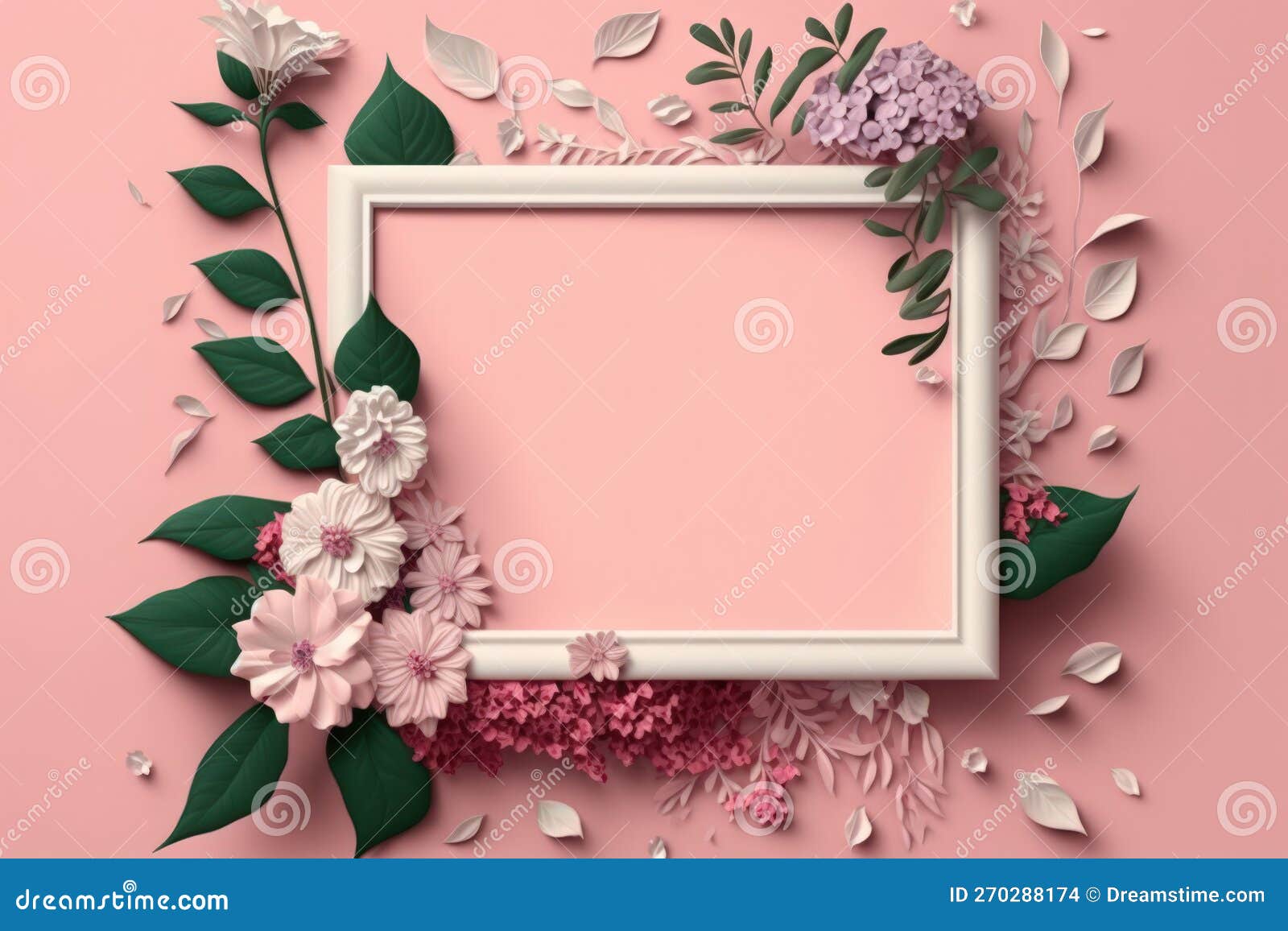 Empty White Frame on Pink Background with Flowers and Leaves on the ...