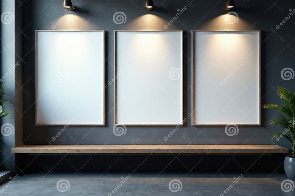 Empty White Frames on Dark Grey Walls, Spotlight on Bench , Art, Focus ...