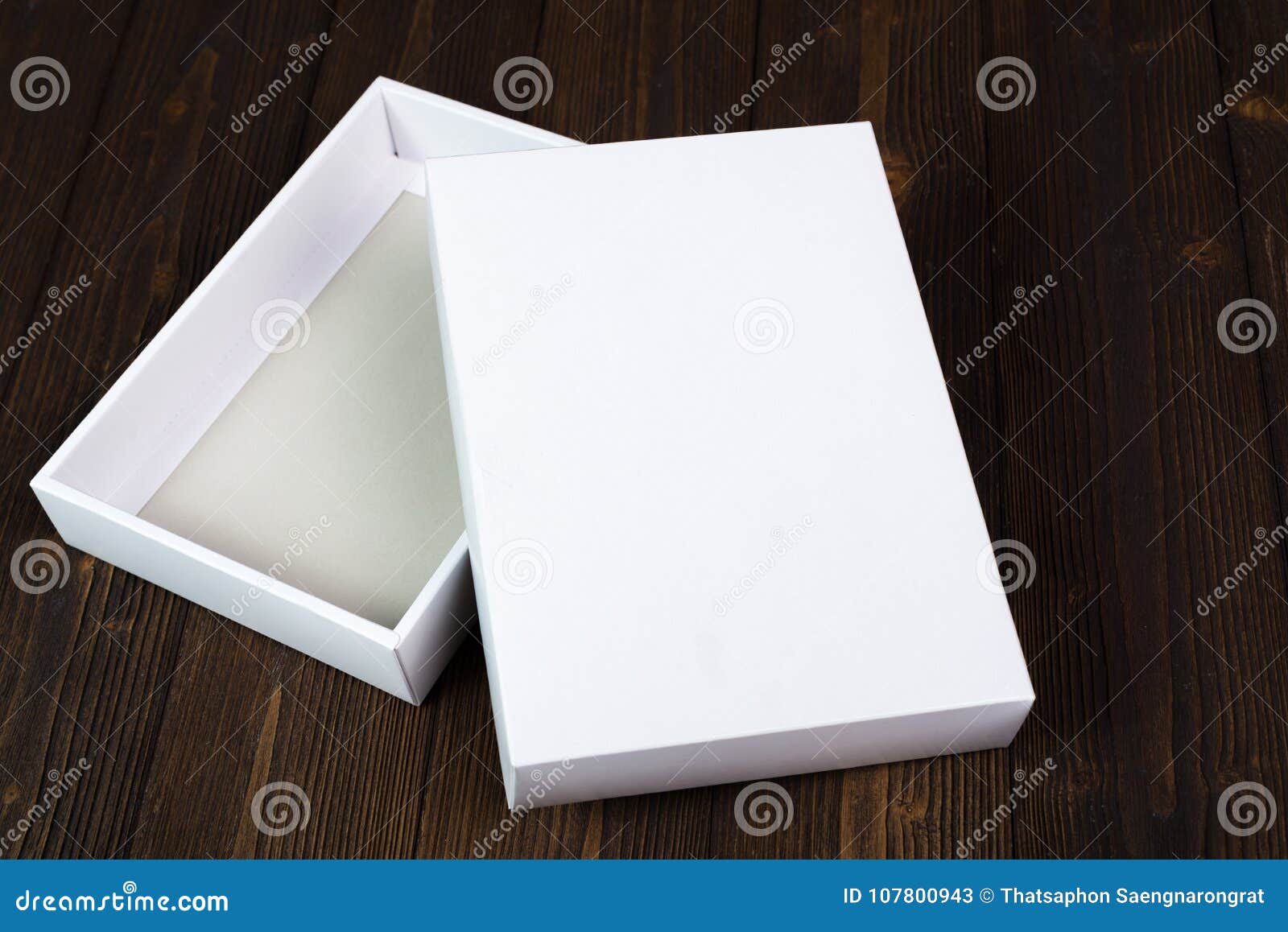 Empty White Gift Box or Tray for Mock Up on Dark Wooden Table Wi Stock ...