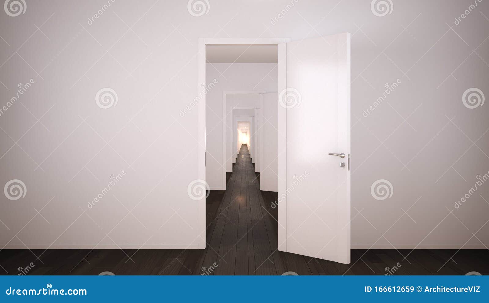 Empty White and Gray Architectural Interior with Infinite Open Doors ...