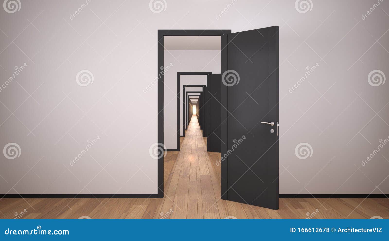 Empty White and Gray Architectural Interior with Infinite Open Doors ...