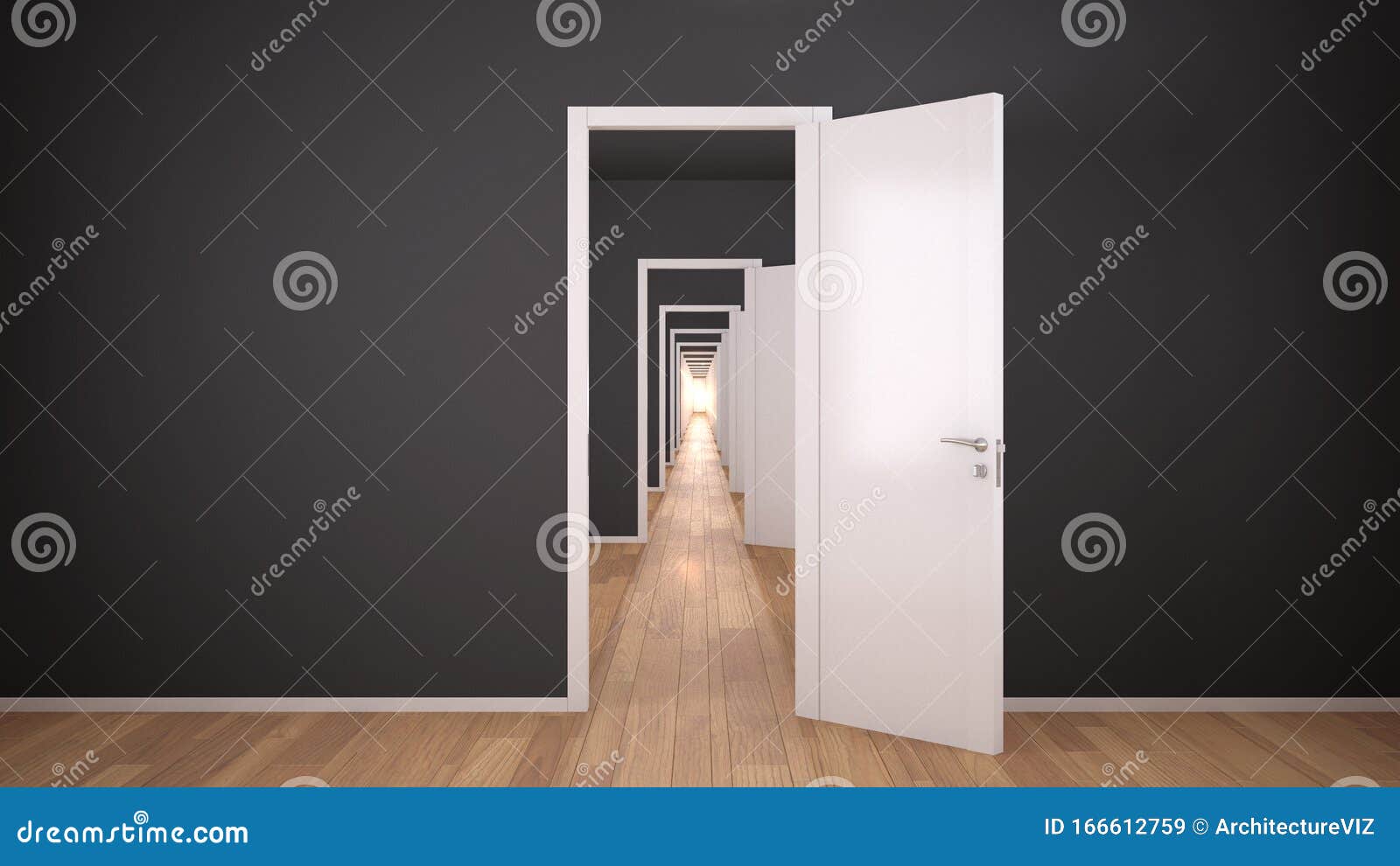 Empty White and Gray Architectural Interior with Infinite Open Doors ...