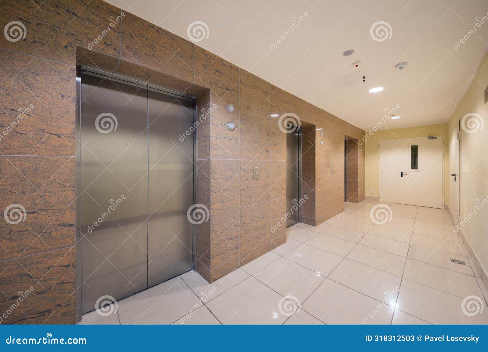 Empty White Hall with Metal Elevator Doors in Stock Image - Image of ...
