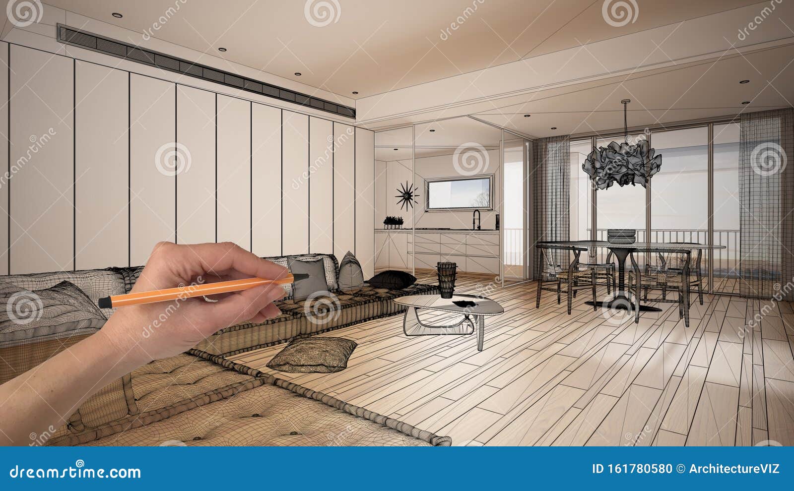 Empty White Interior with Parquet Floor and Big Panoramic Window, Hand ...