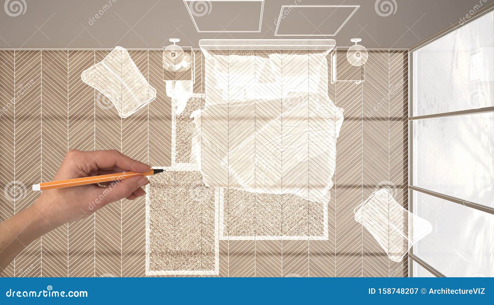 Empty White Interior with Parquet Floor and Big Panoramic Window, Hand ...