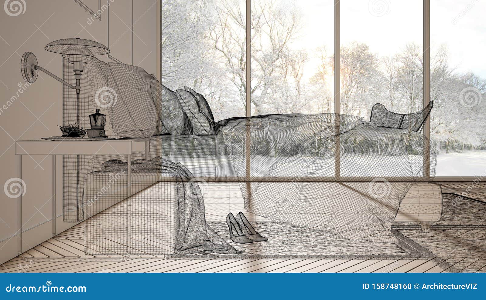 Empty White Interior With Parquet Floor And Big Panoramic Windows ...