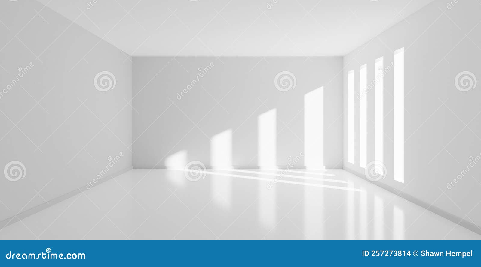Empty White Interior Room with Sun from Multiple Windows and Reflective ...