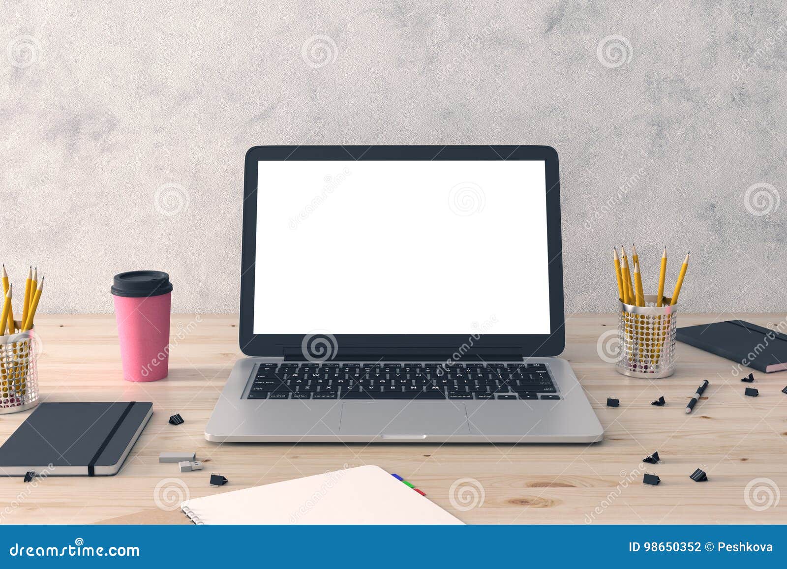 Empty White Laptop on Office Desktop Stock Photo - Image of render ...