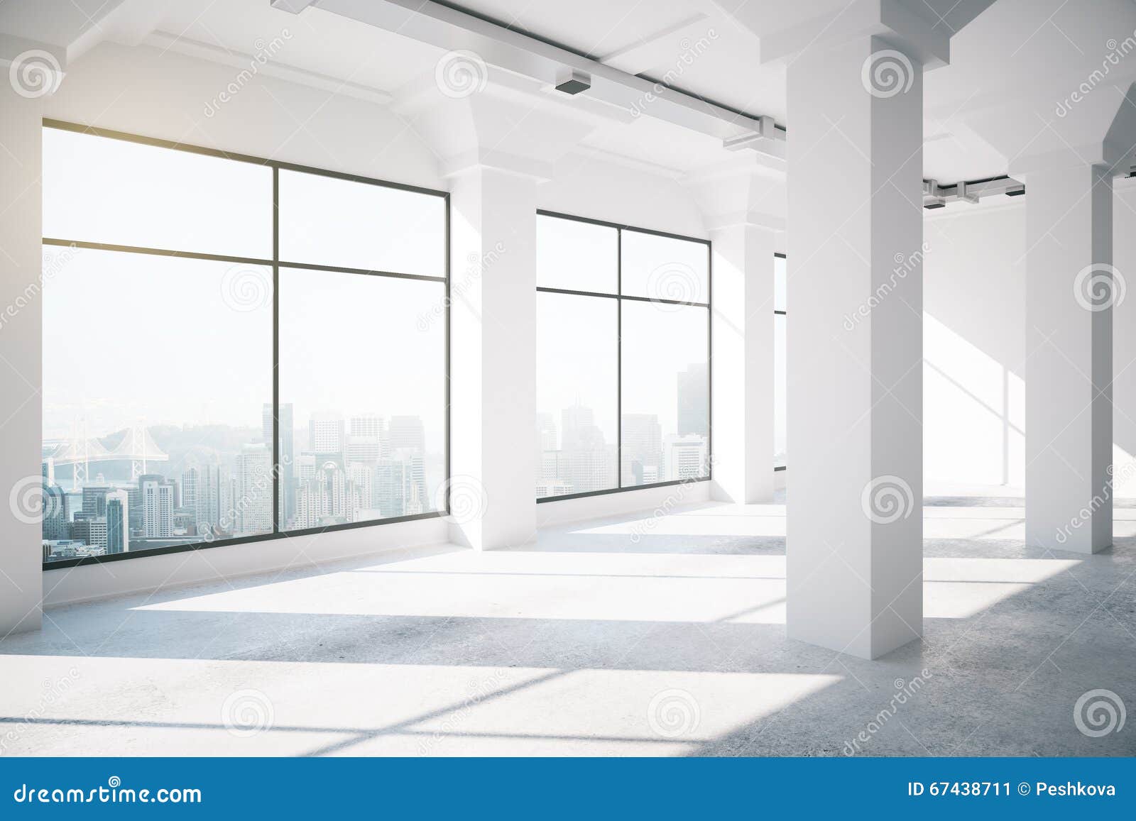 Empty White Loft Interior with Big Windows Stock Illustration ...