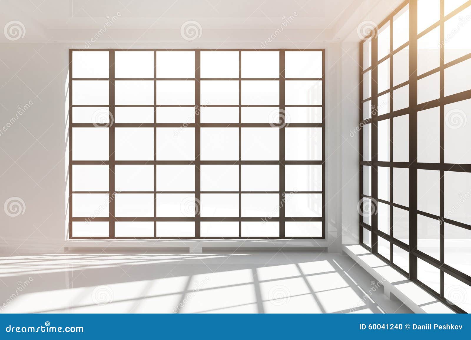 Empty White Loft Interior with Floor-to-ceiling Windows Stock Photo ...