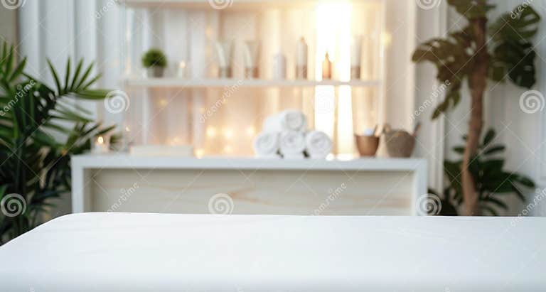 Empty White Massage Table on Blurred Spa Background Stock Illustration ...