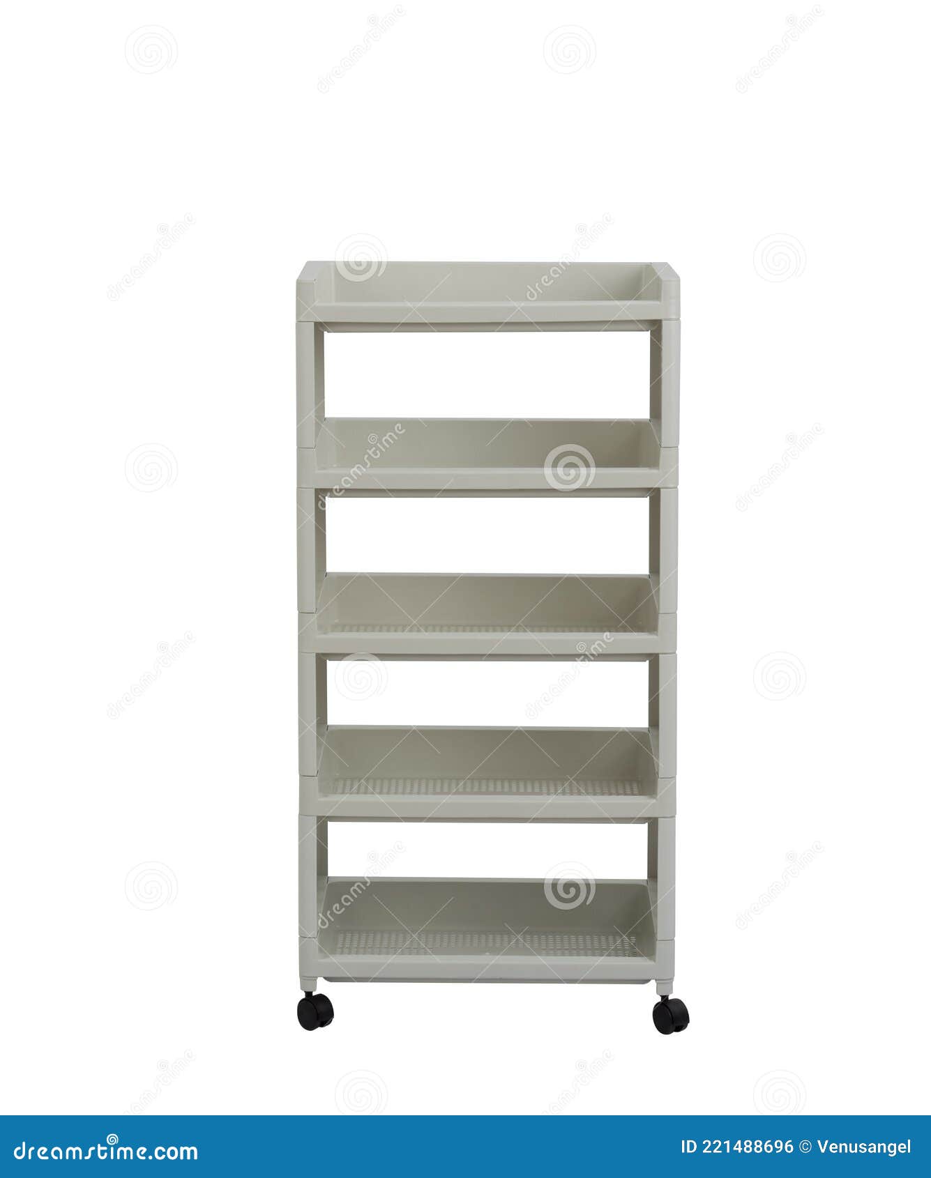Empty White Plastic Shelves Rack with Wheels Isolated on White Stock ...