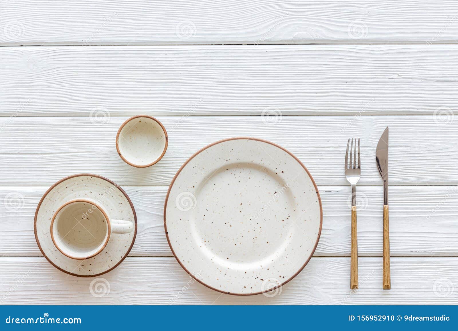 White Plates and Cup for Table Setting on White Wooden Background Top ...