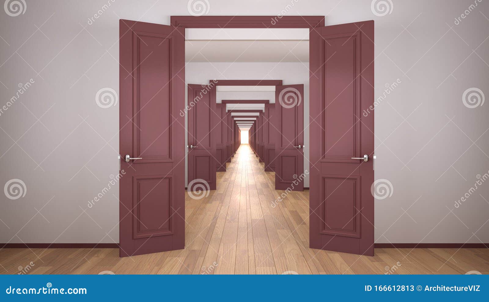 Empty White and Red Architectural Interior with Infinite Open Doors ...