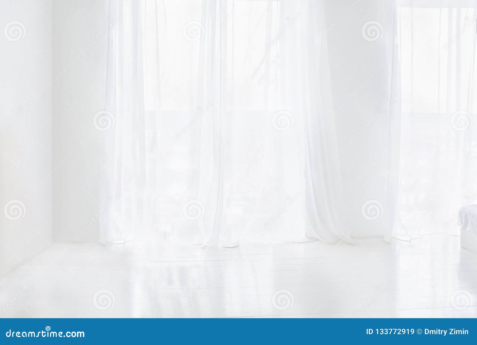 Empty White Room with Curtains on Windows Stock Image - Image of decor ...