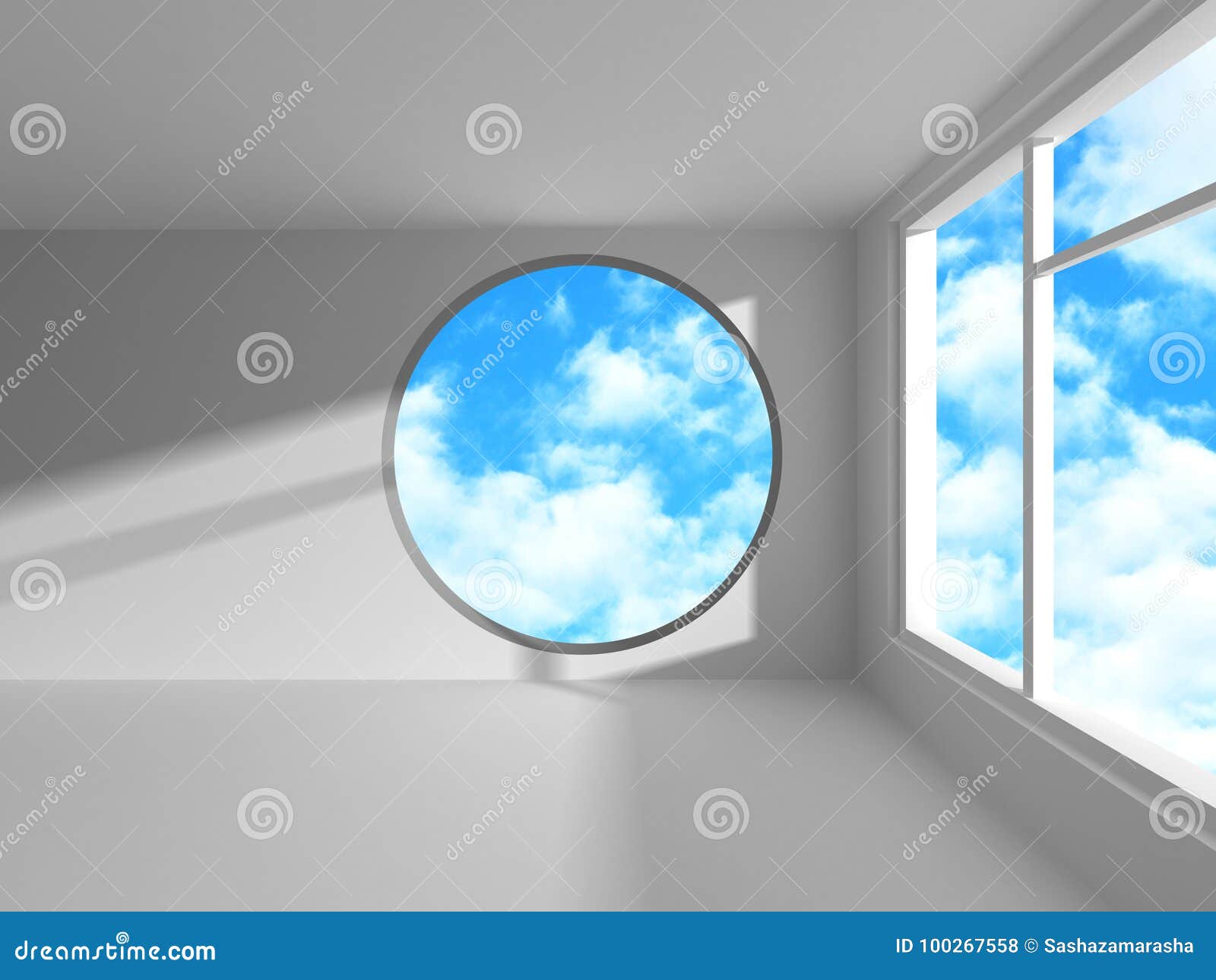 Empty White Room Interior with Windows To Sky Stock Illustration ...