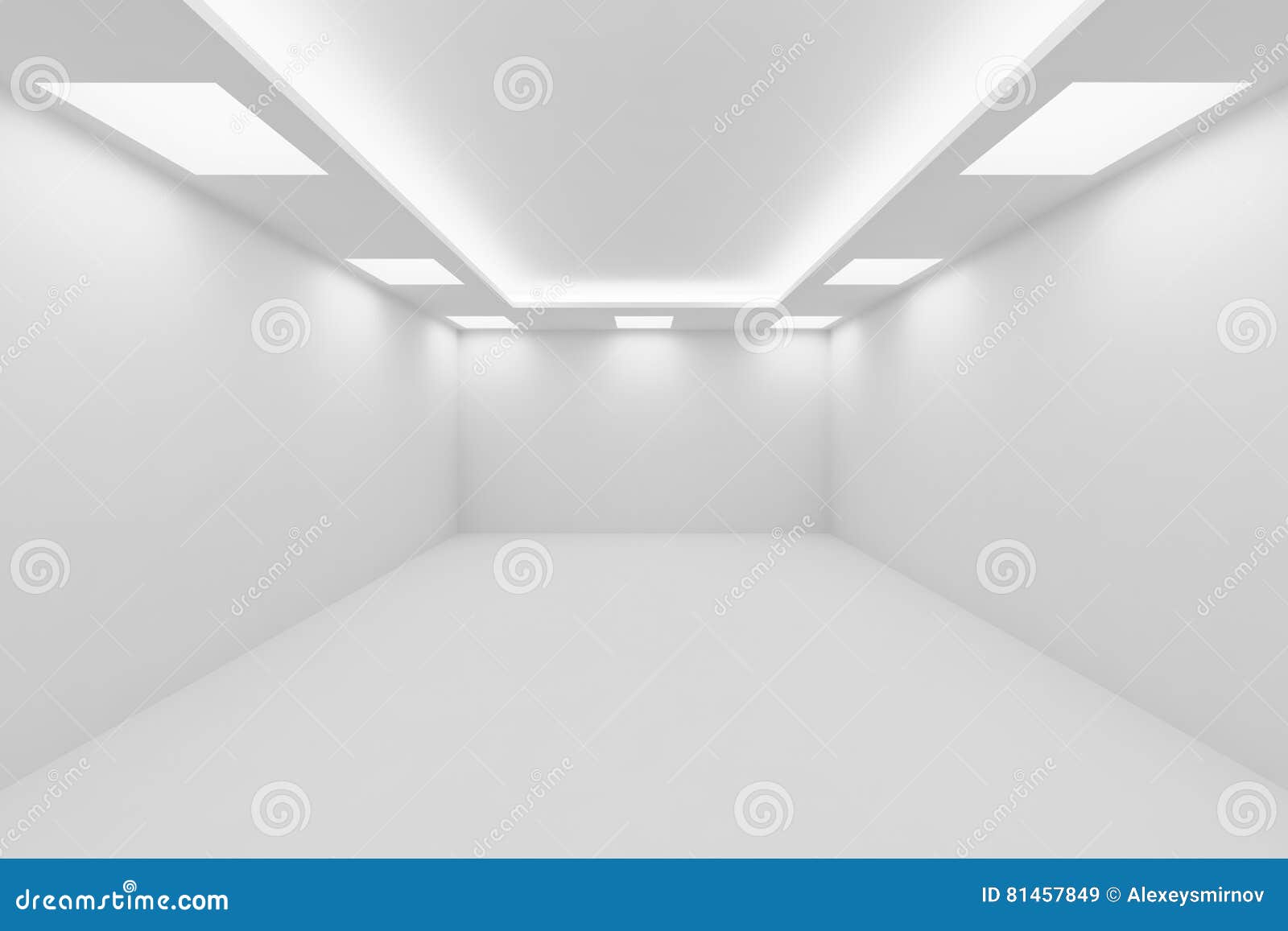 Empty White Room with Square Ceiling Lights Perspective View Stock ...
