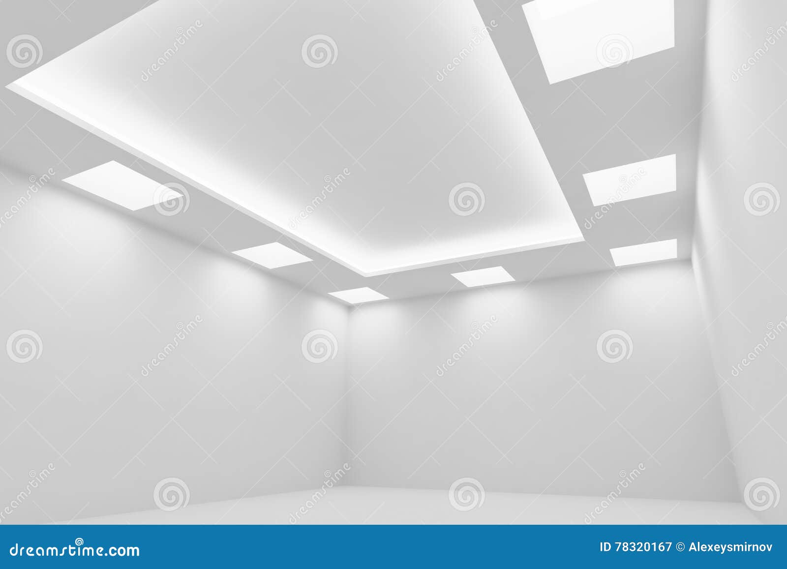 Empty White Room with Square Ceiling Lights Wide Diagonal View Stock ...