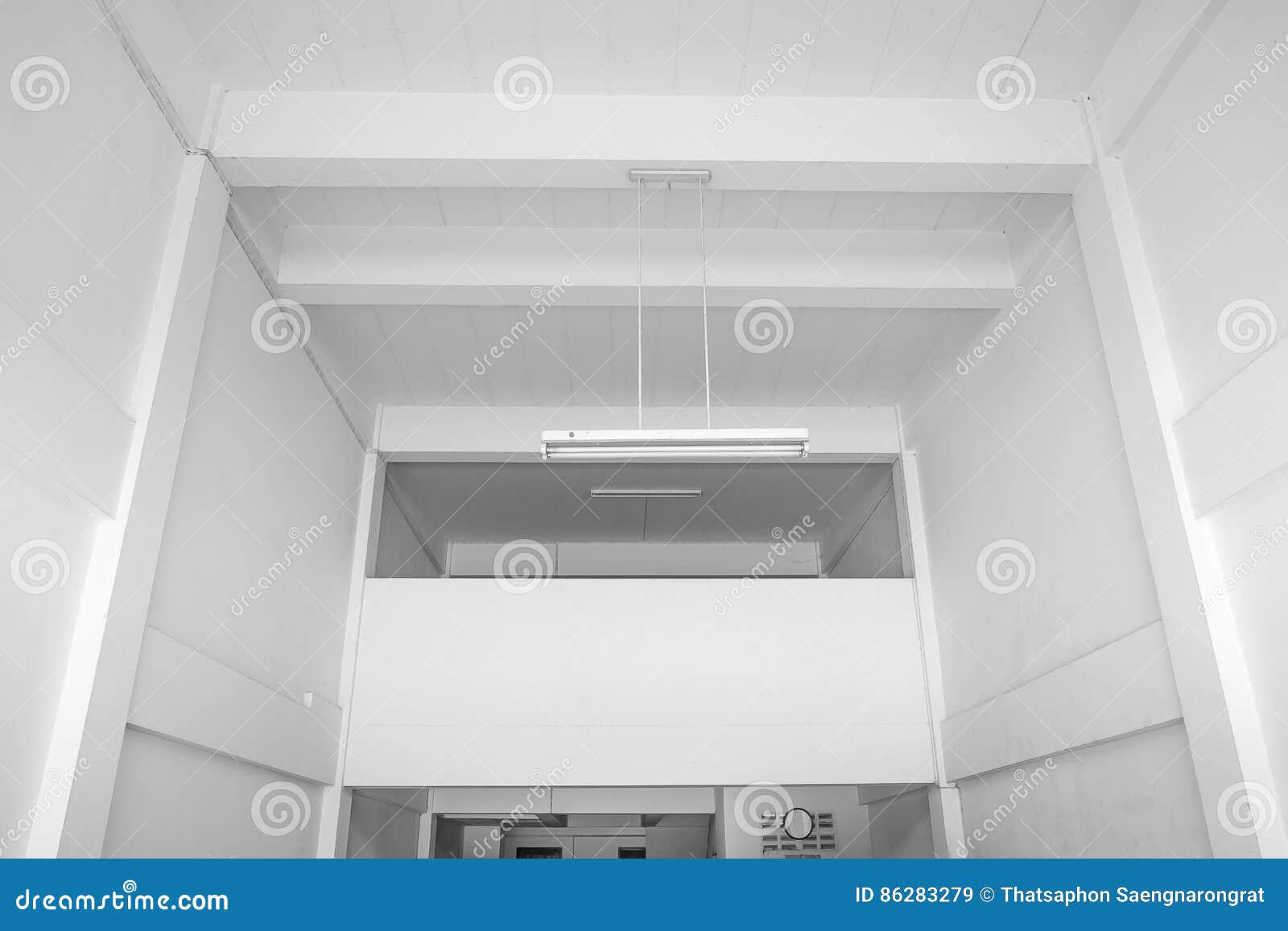 Empty White Room with White Wall, White Ceiling with Lamps. Stock Image ...