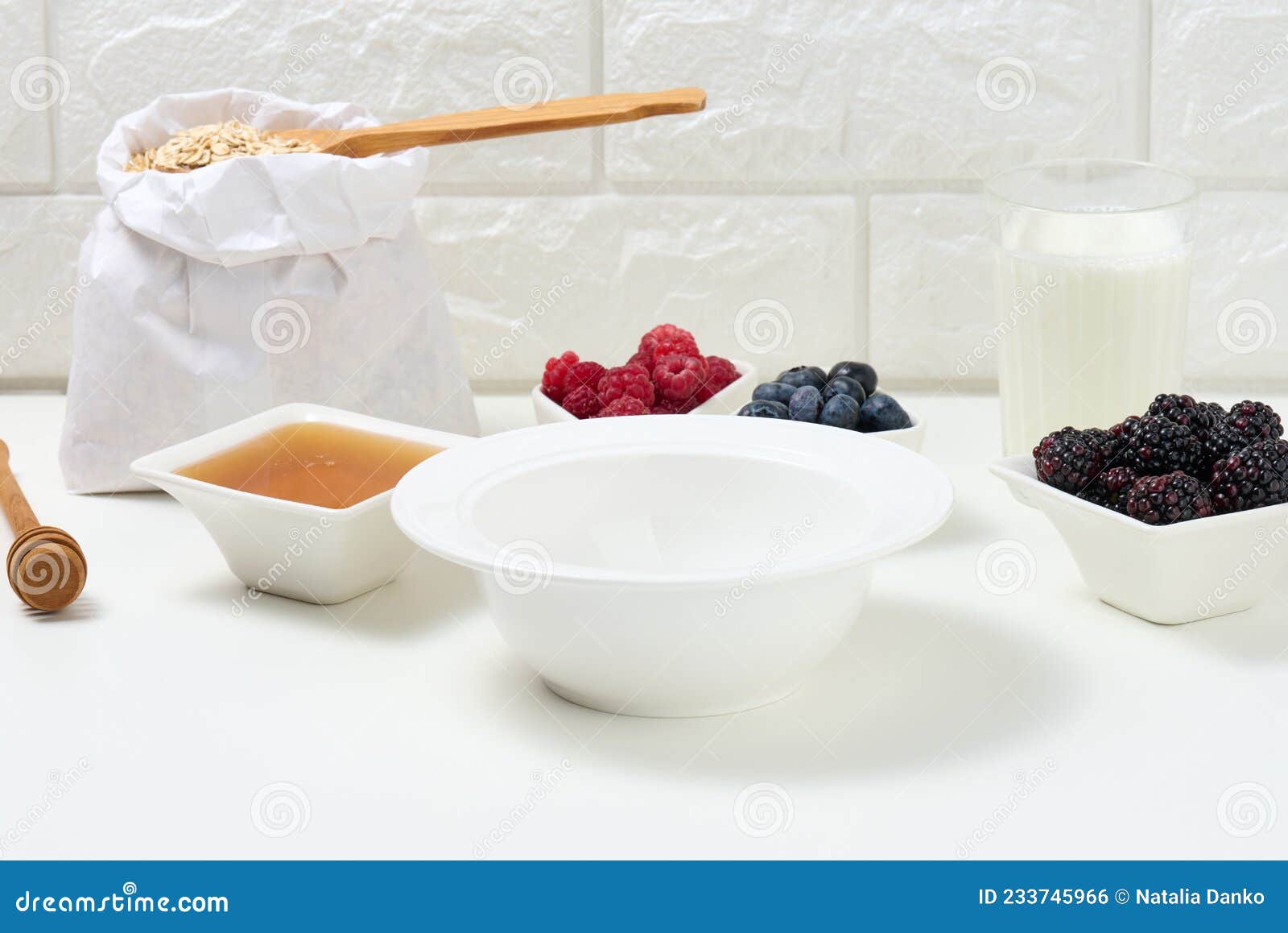 Empty White Round Ceramic Plate, Oatmeal and Fruit for Cooking Porridge ...