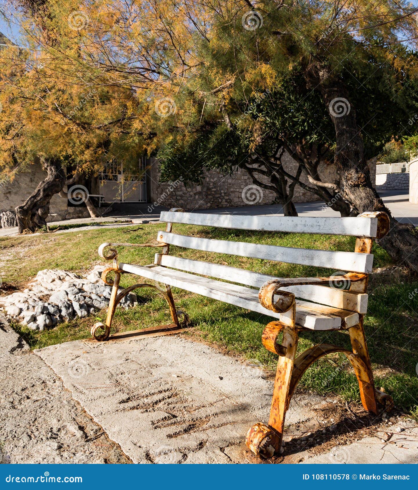 Empty white rusty bench 2 stock photo. Image of adriatic - 108110578