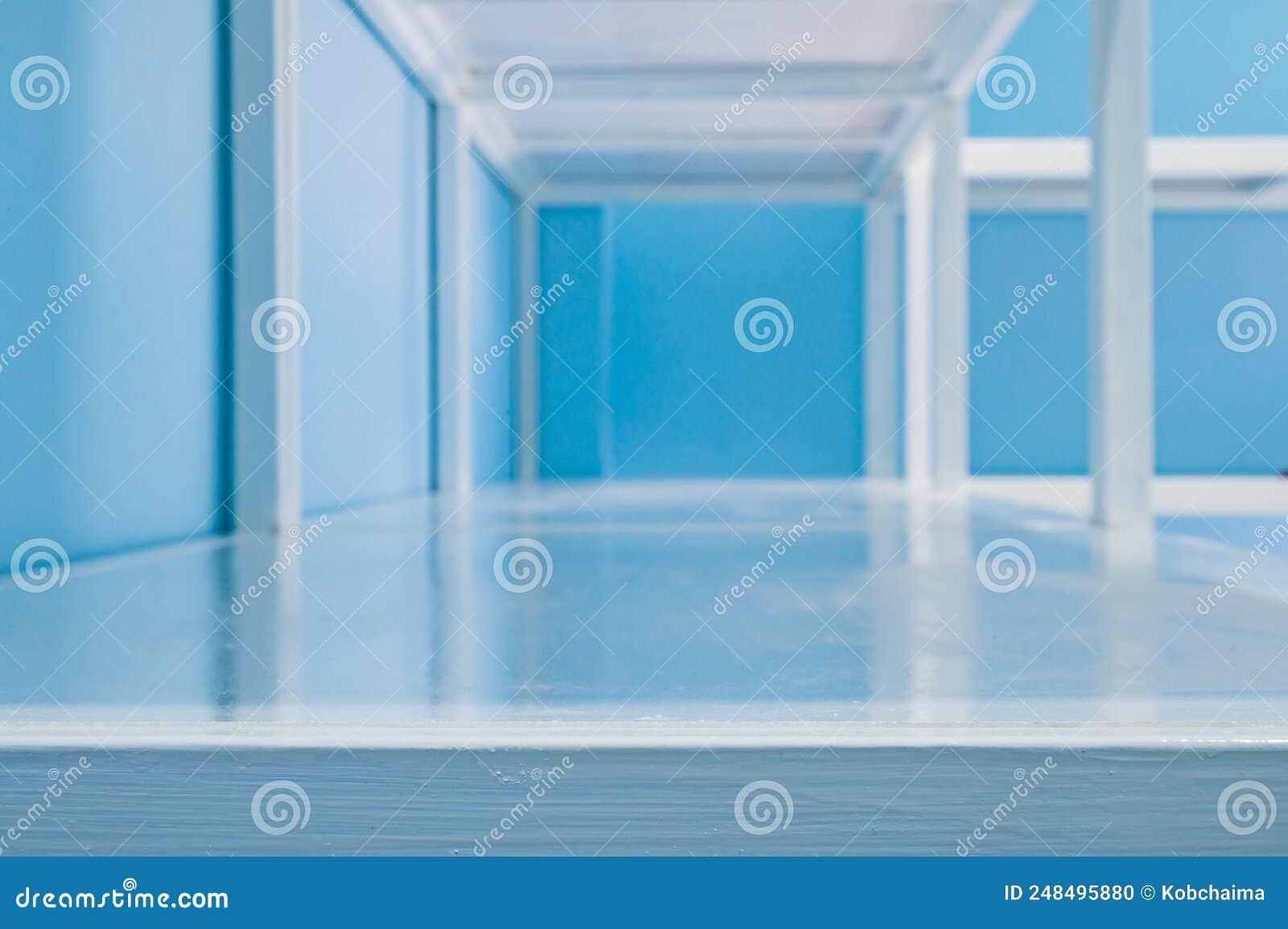 Empty White Shelves in Blue Storage Room Stock Photo - Image of rack ...