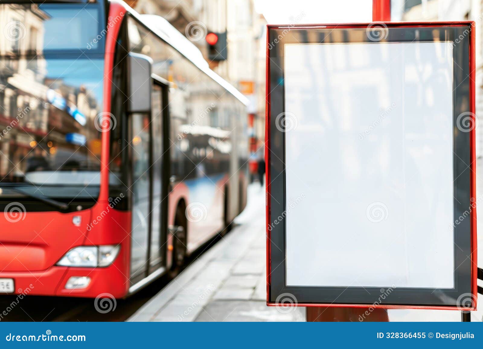 Empty White Signboard at a Busy Bus Stop with Blurred Street Background ...