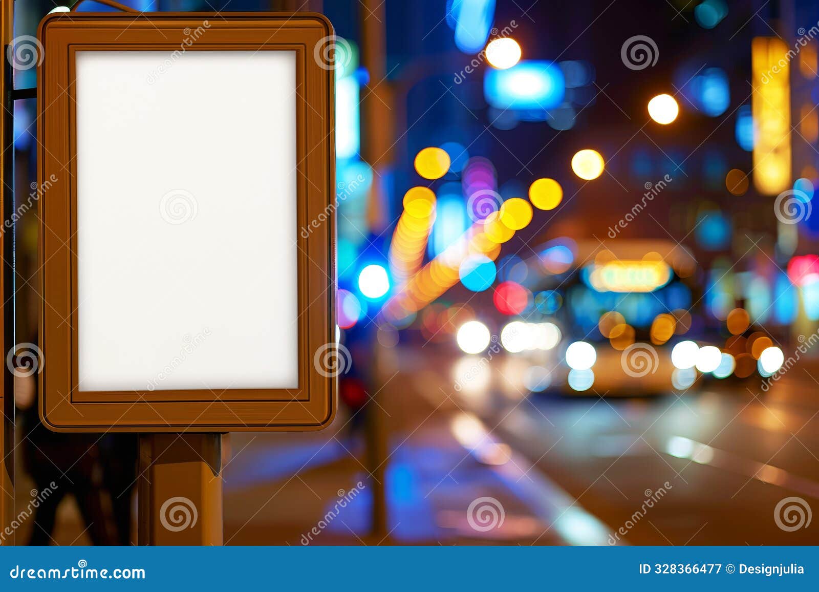 Empty White Signboard at a Busy Bus Stop with Blurred Street Background ...