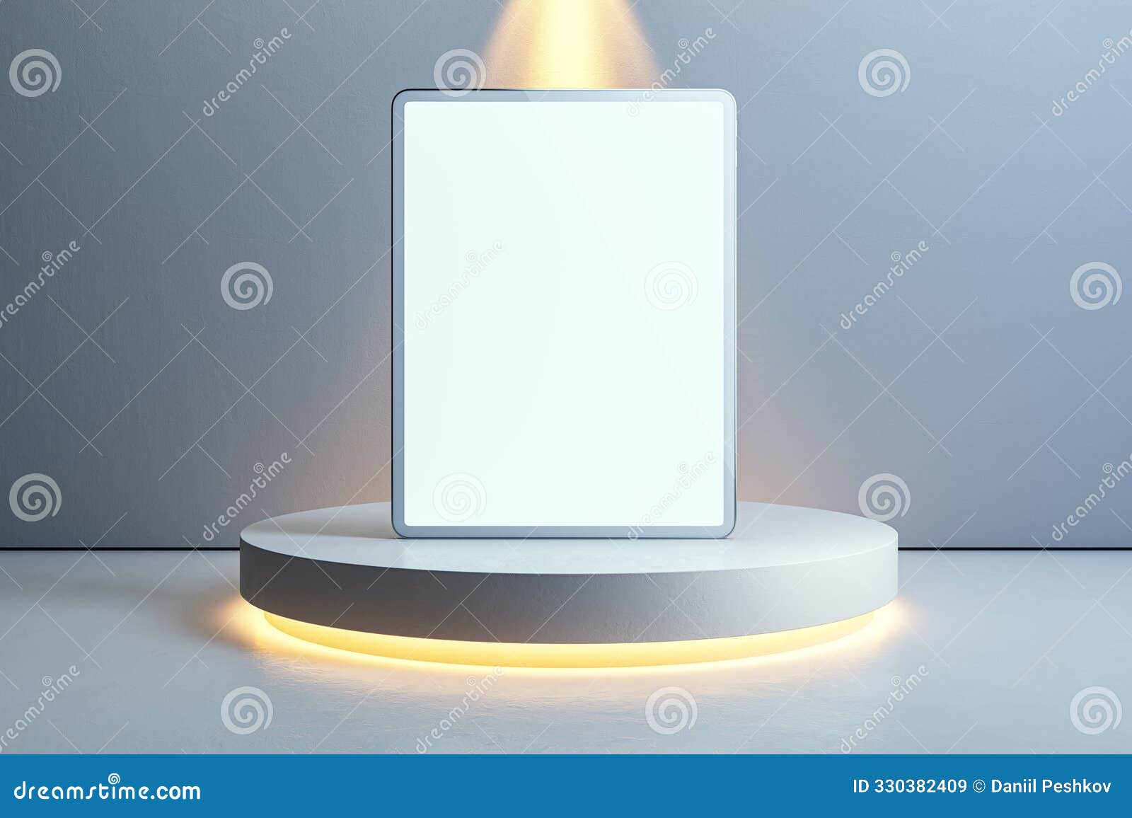 Empty Tablet Screen Placed on Illuminated Round Podium on Light ...