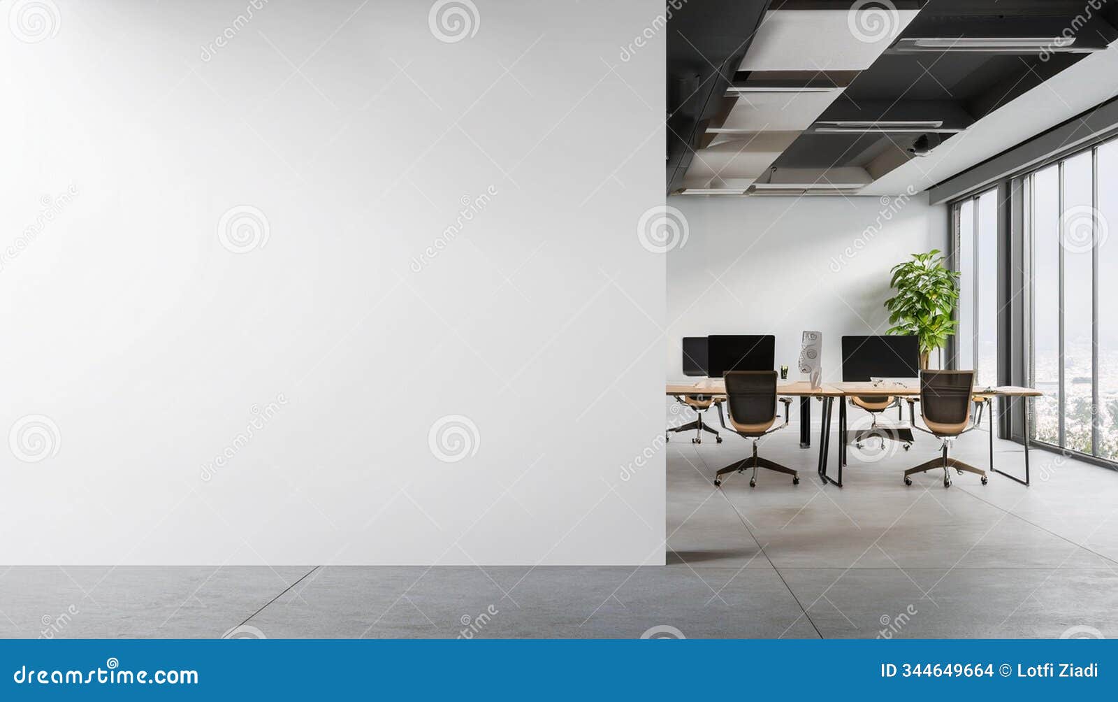 Empty White Wall Mockup Next To Modern Office Space with Desks and ...