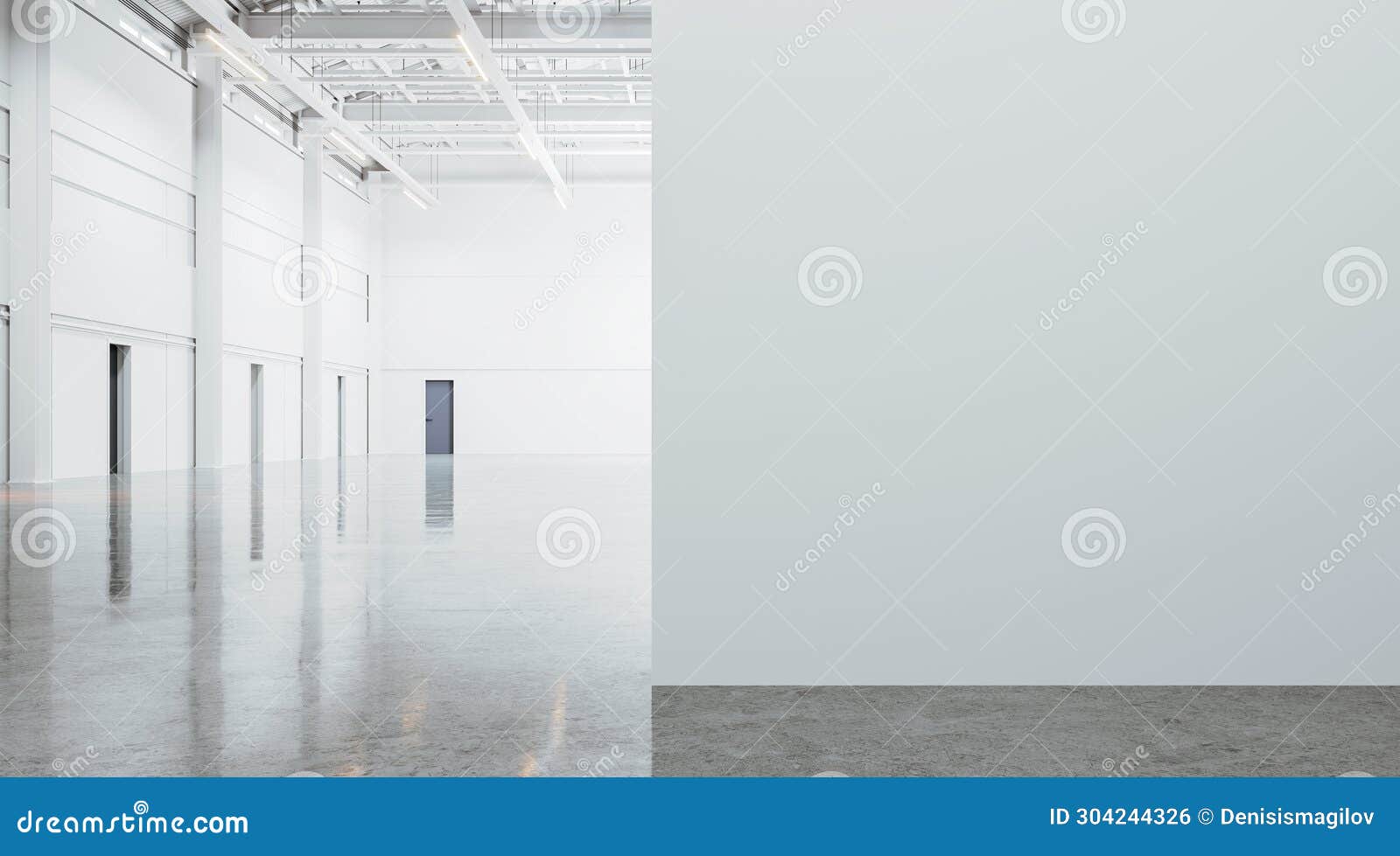 Empty White Warehouse Interior with Doors and Blank Wall Stock ...