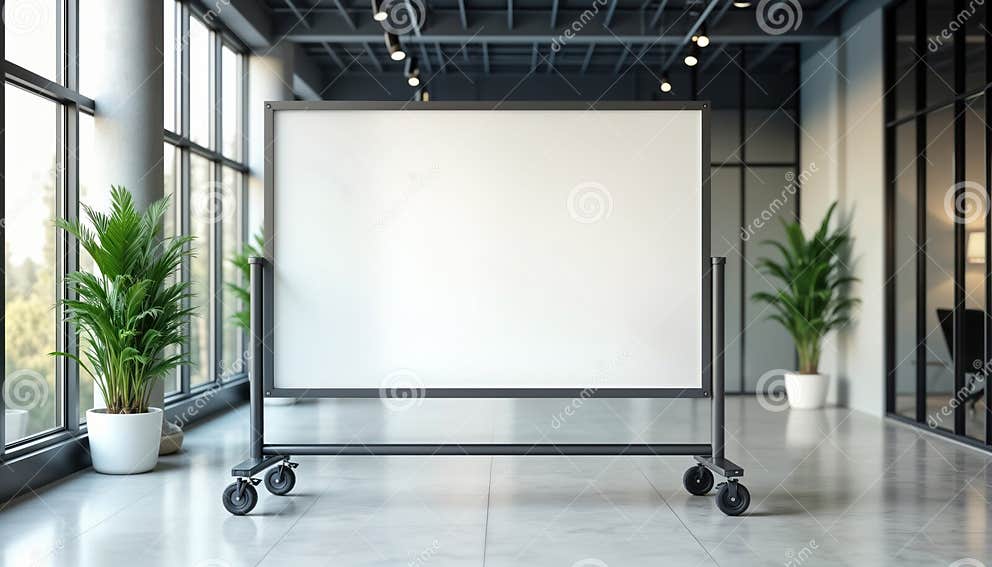 Empty White Whiteboard on Wheels Stands in Modern Office. Bright Space ...