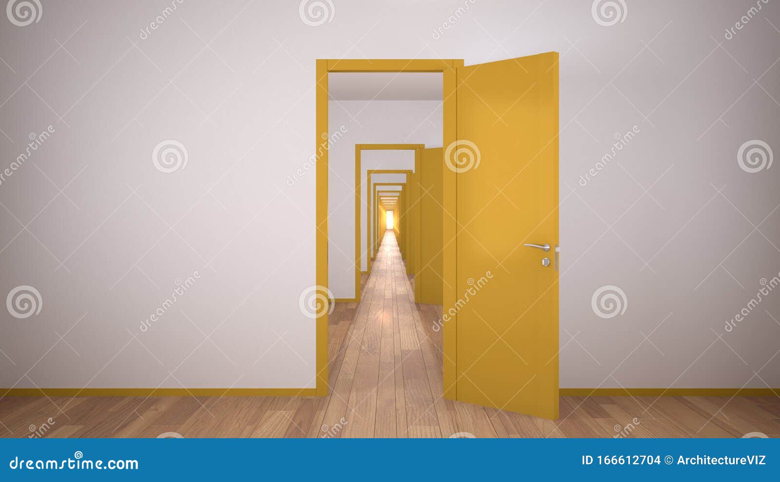 Empty White and Yellow Architectural Interior with Infinite Open Doors ...