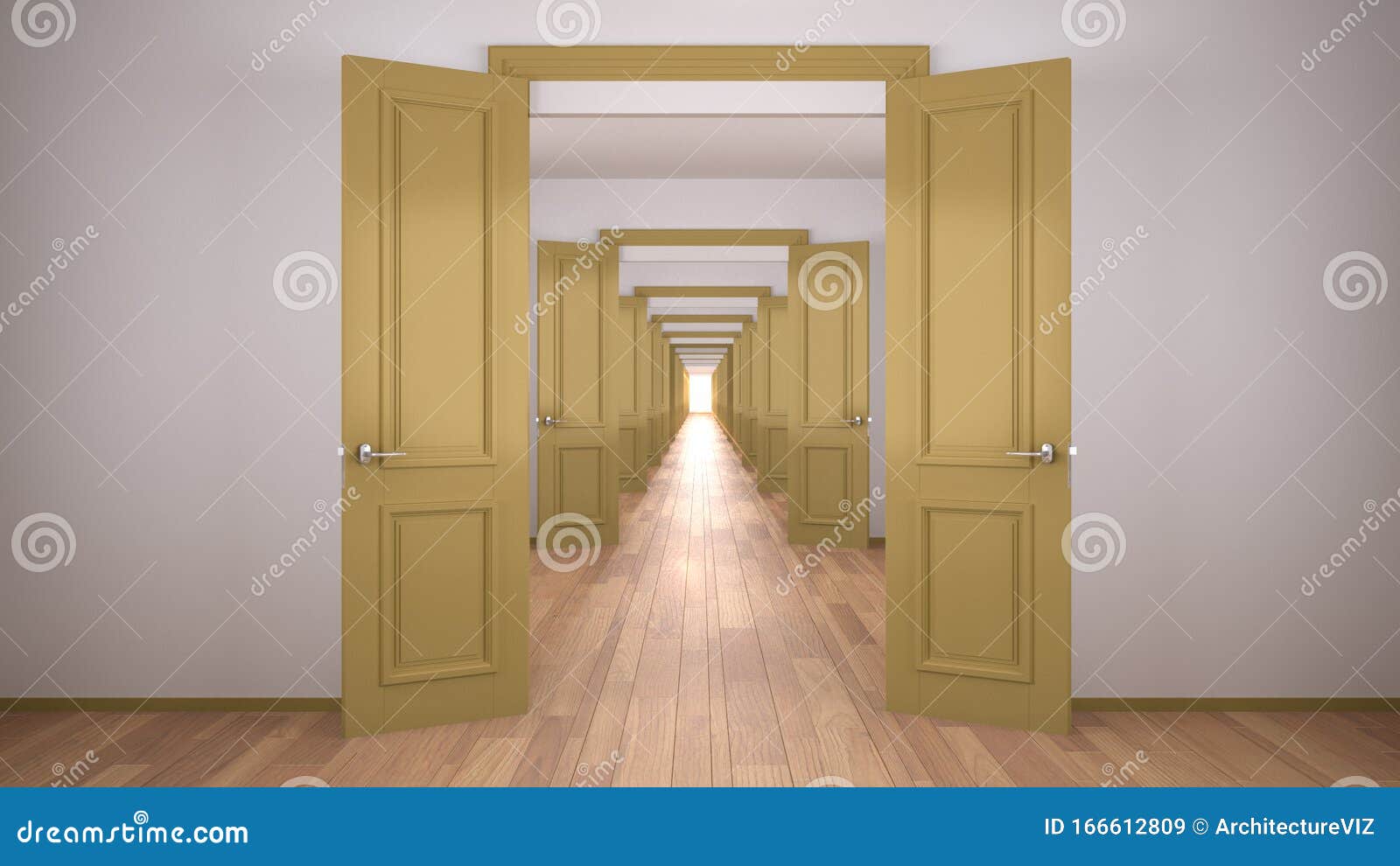 Empty White and Yellow Architectural Interior with Infinite Open Doors ...