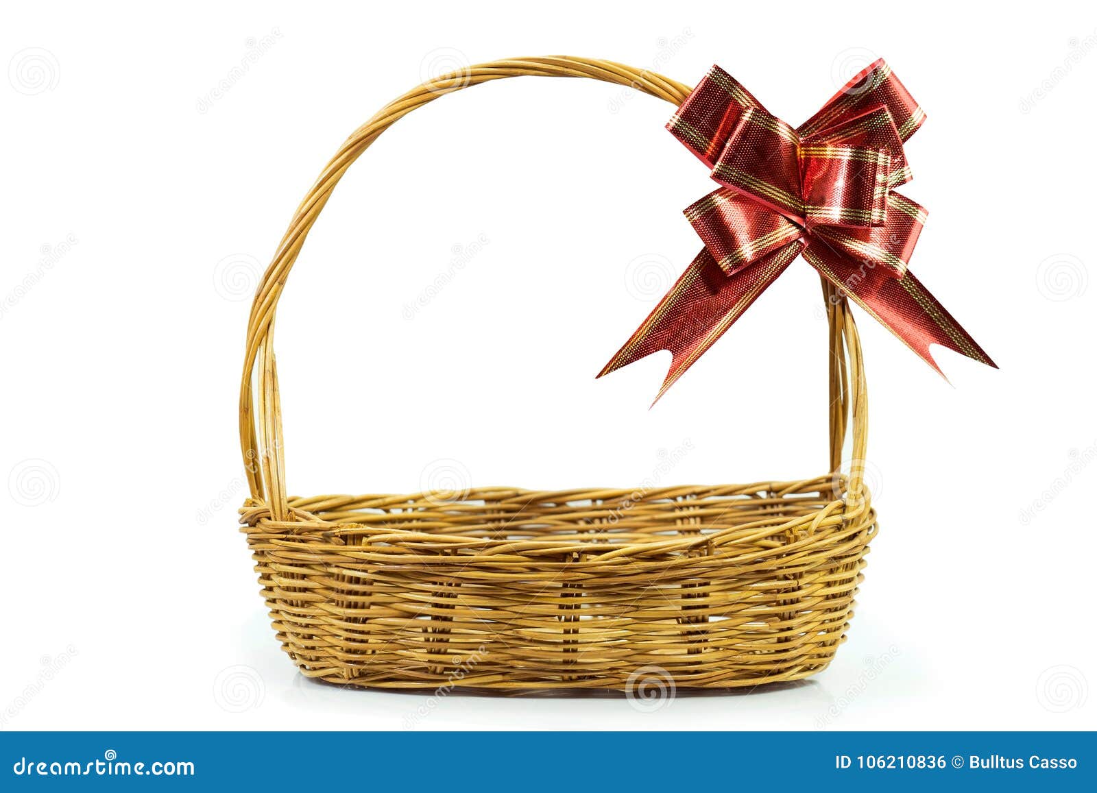 Empty Wicker Basket with Red and Gold Ribbon Isolated on White. Stock ...