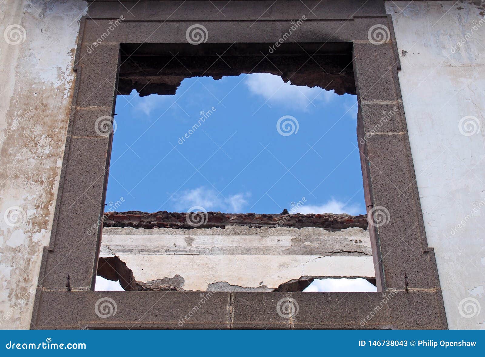 Empty Window Frame in a Roofless Abandoned House with White Interior ...