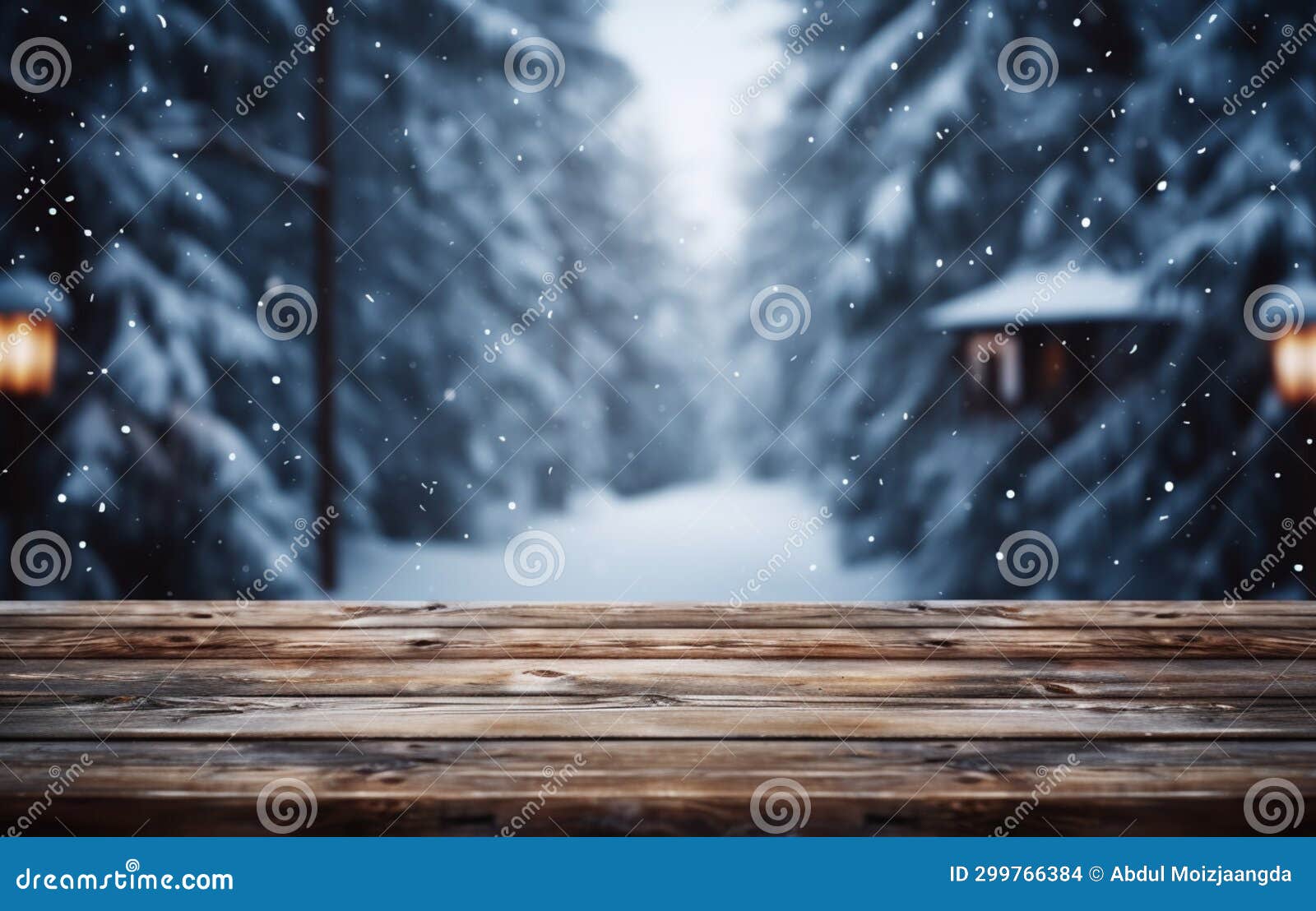 Empty Winter Wood Plank Board Table with Snowfall Stock Illustration ...