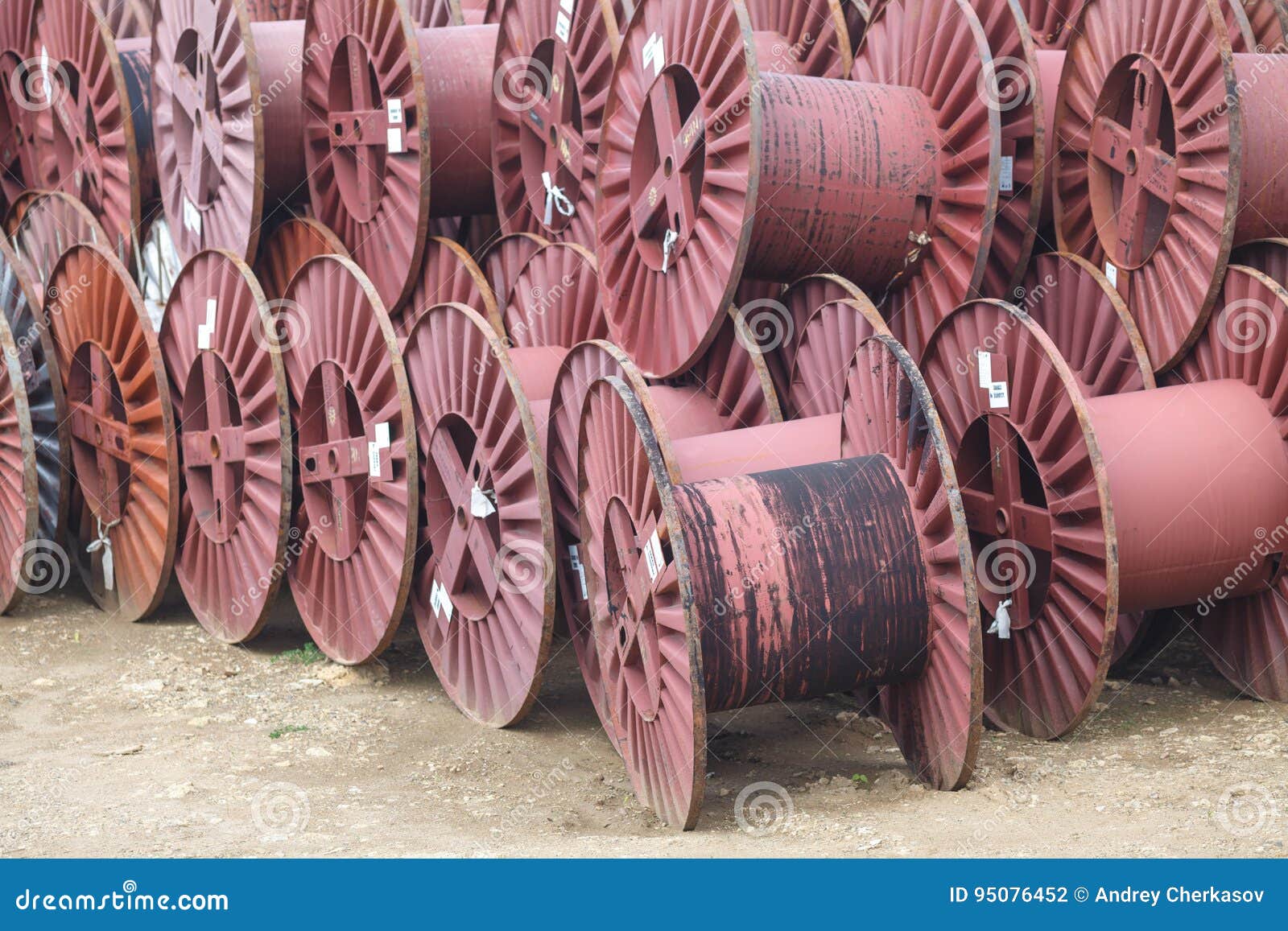 Empty wire reels stacked. stock photo. Image of cabling - 95076452