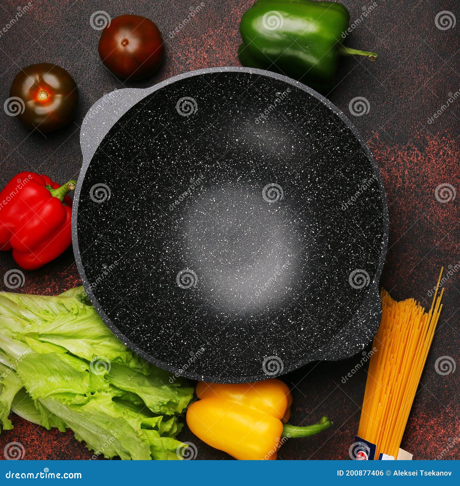 Empty Wok Pan with Ingredients, Fresh Vegetables and Spices on Metal ...