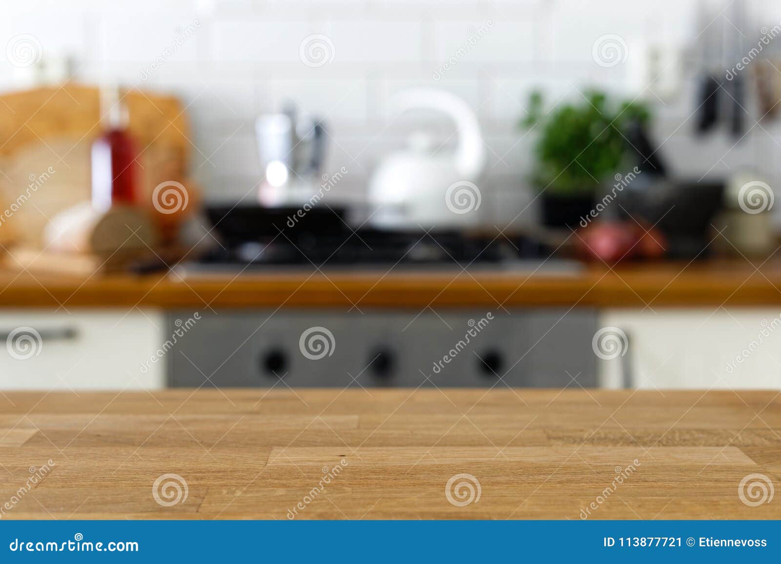 Empty Wood Counter in Front of Out of Focus Home Kitchen Background ...