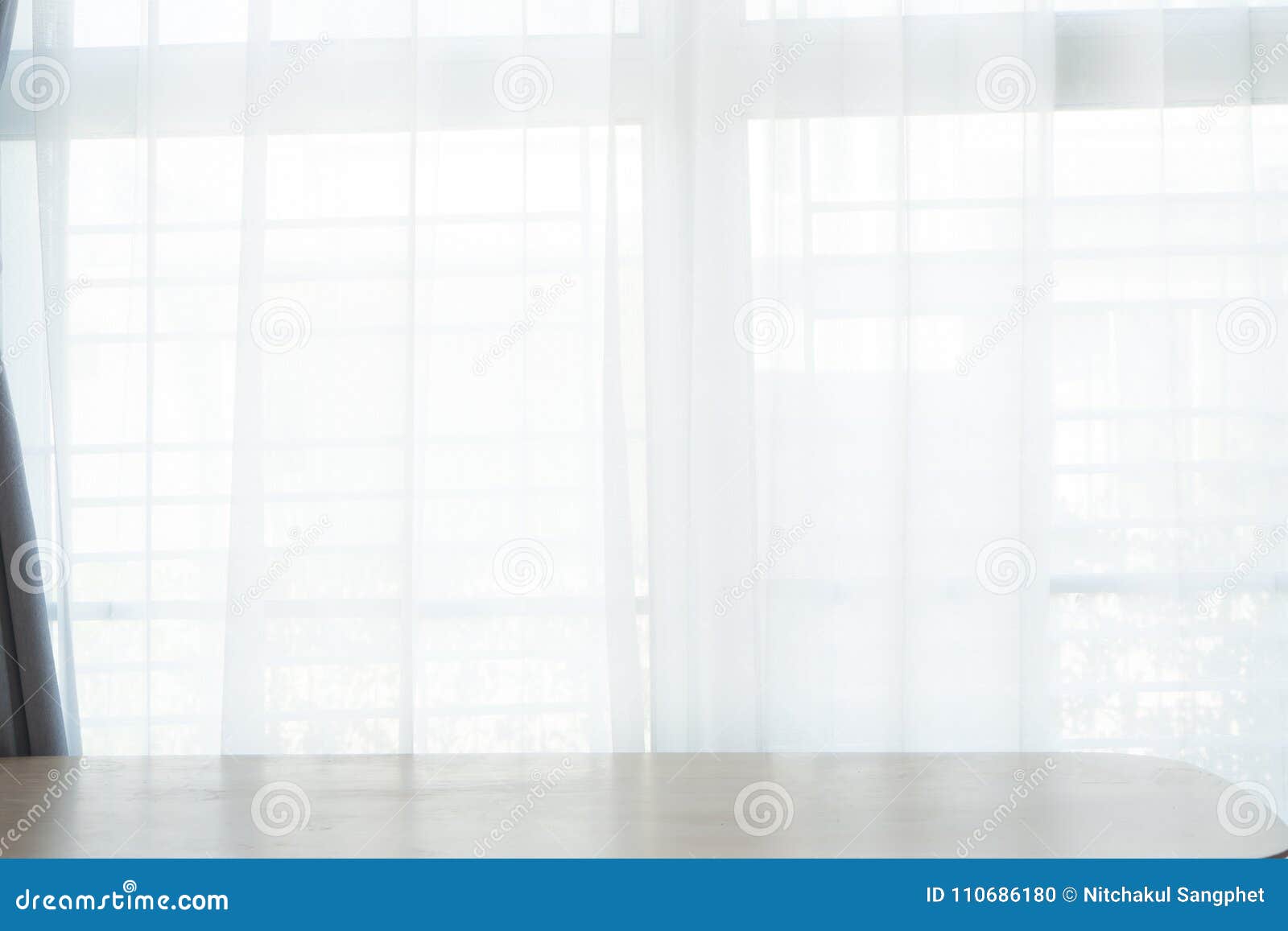 Empty Wood Office Table with White Curtain Texture Background Stock ...