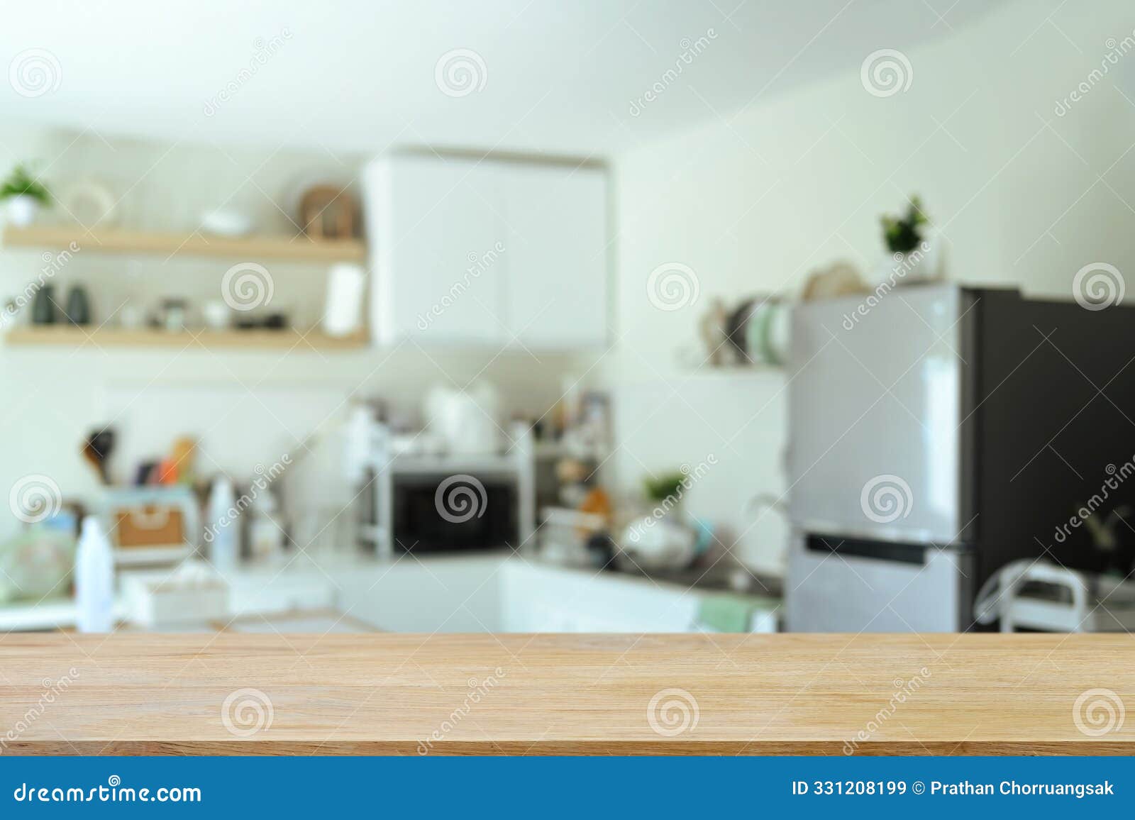 Empty Wood Table with Blurred Kitchen Room in Background, Space Text or ...