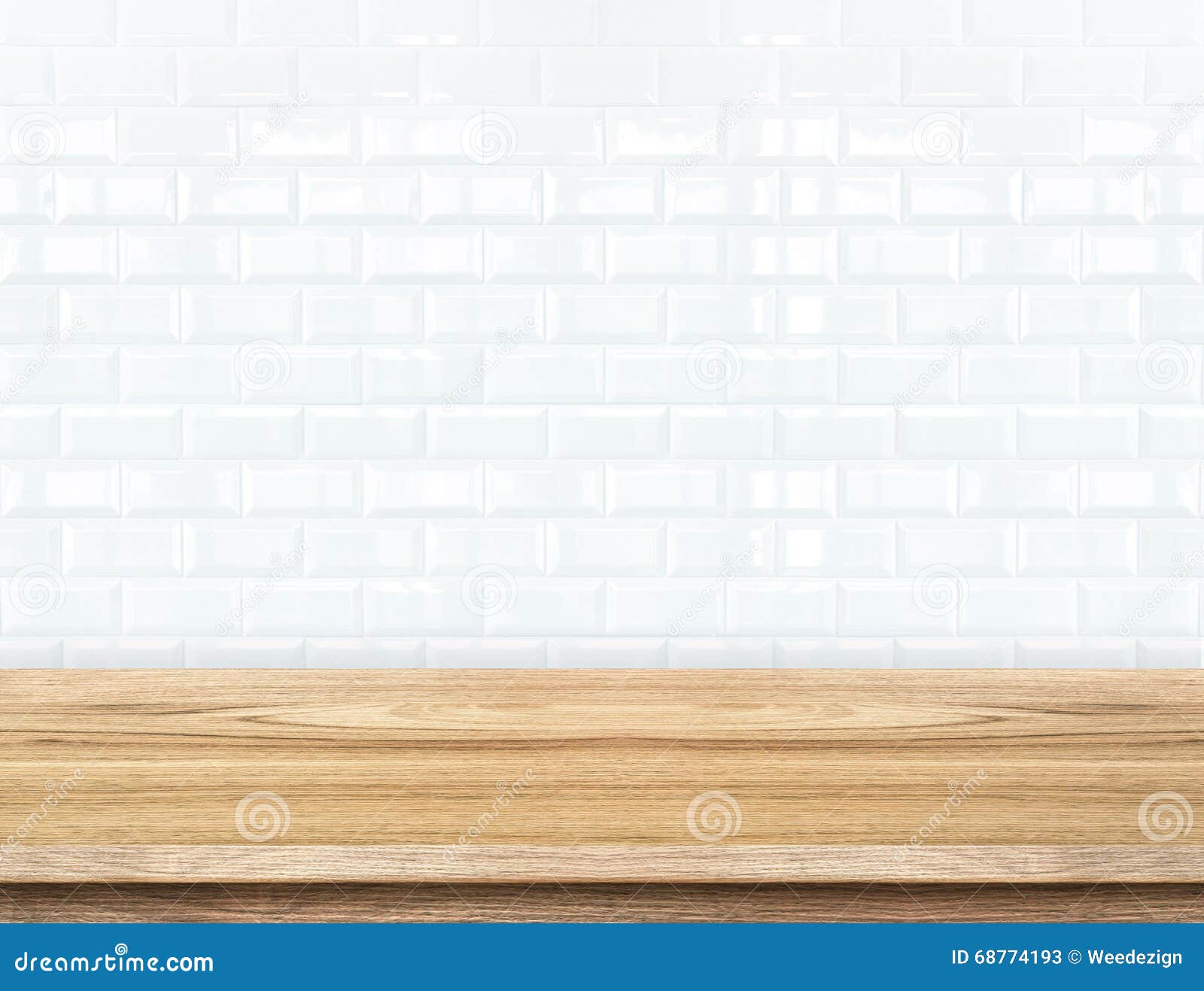 Empty Wood Table and Ceramic Tile Brick Wall in Background. Prod Stock ...