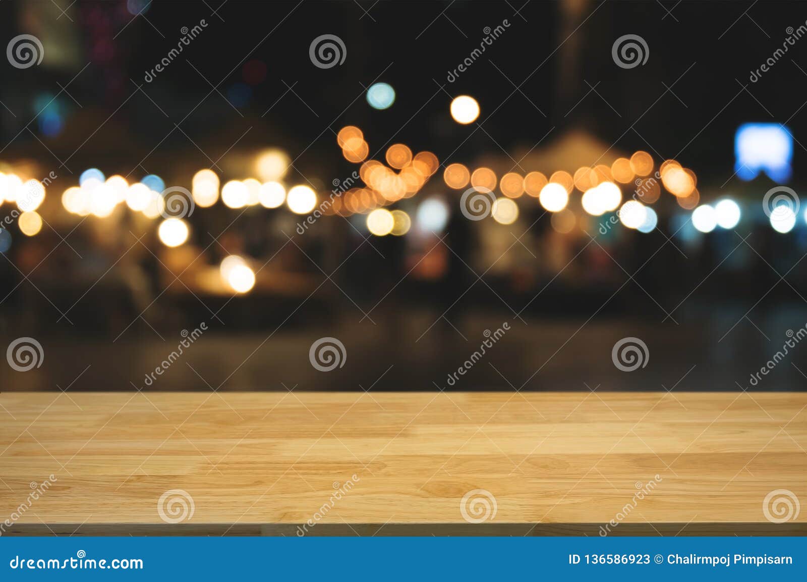 Empty Wood Table with Night Street Market Background Stock Image ...
