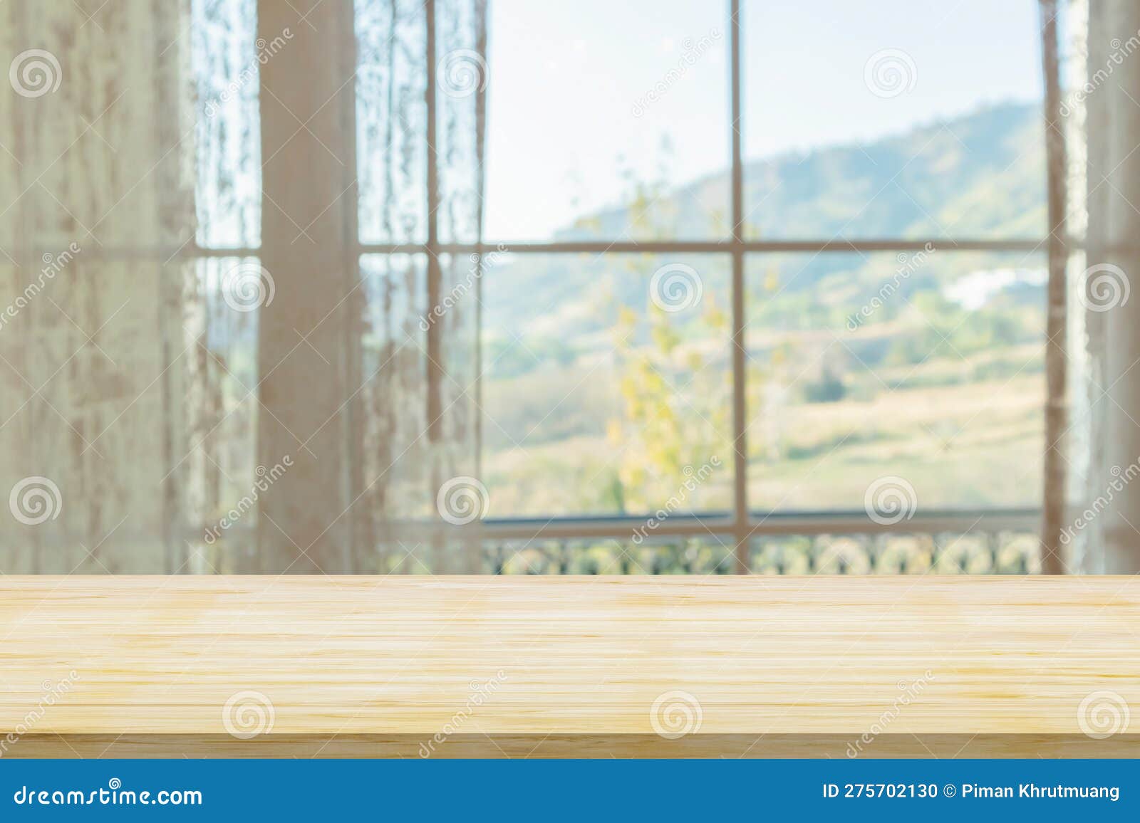 Empty Wood Table Top with Window Curtain Abstract Blur Background for ...