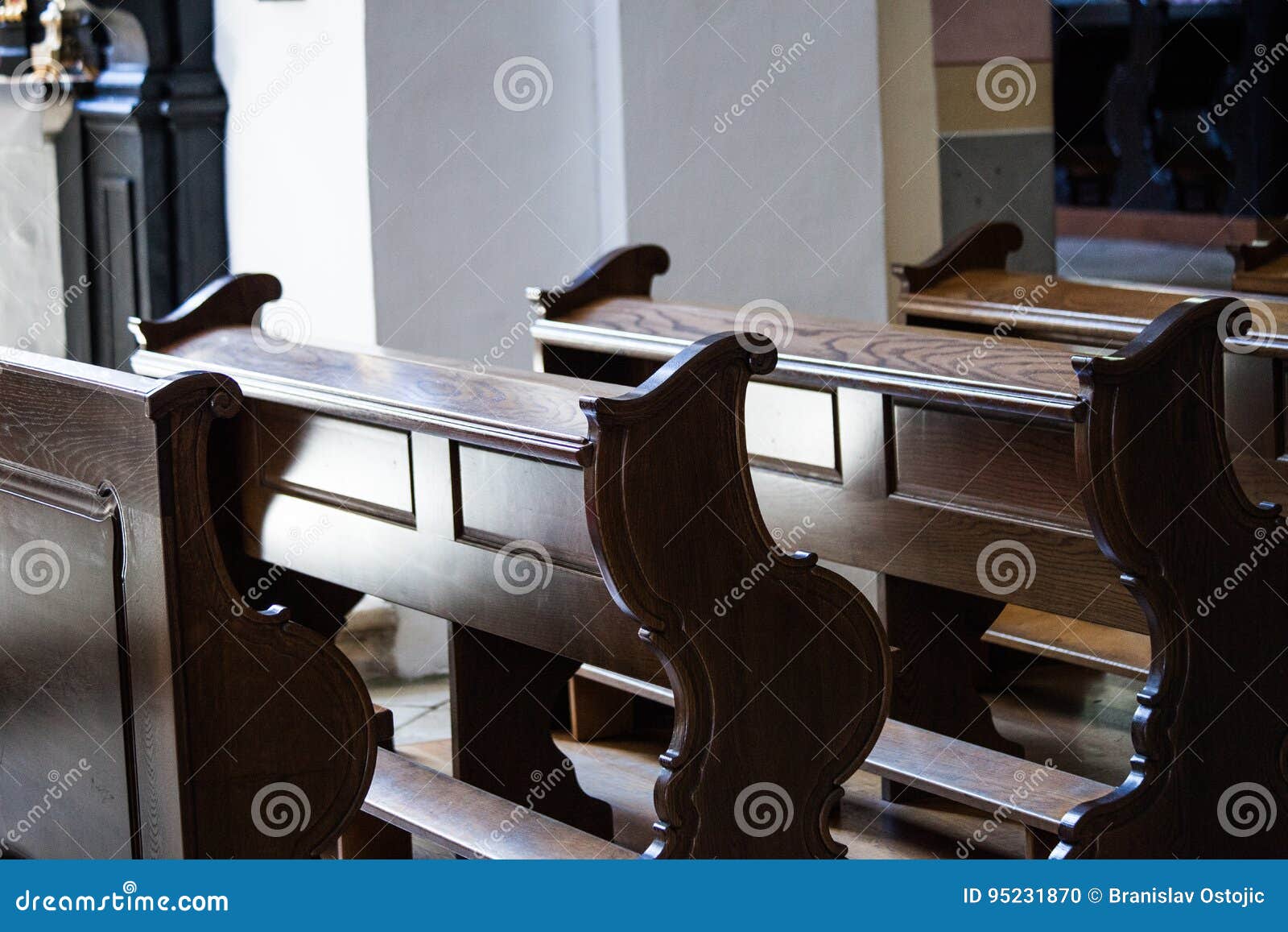 Empty Wooden Benches in Catholic Church Stock Photo - Image of indoor ...
